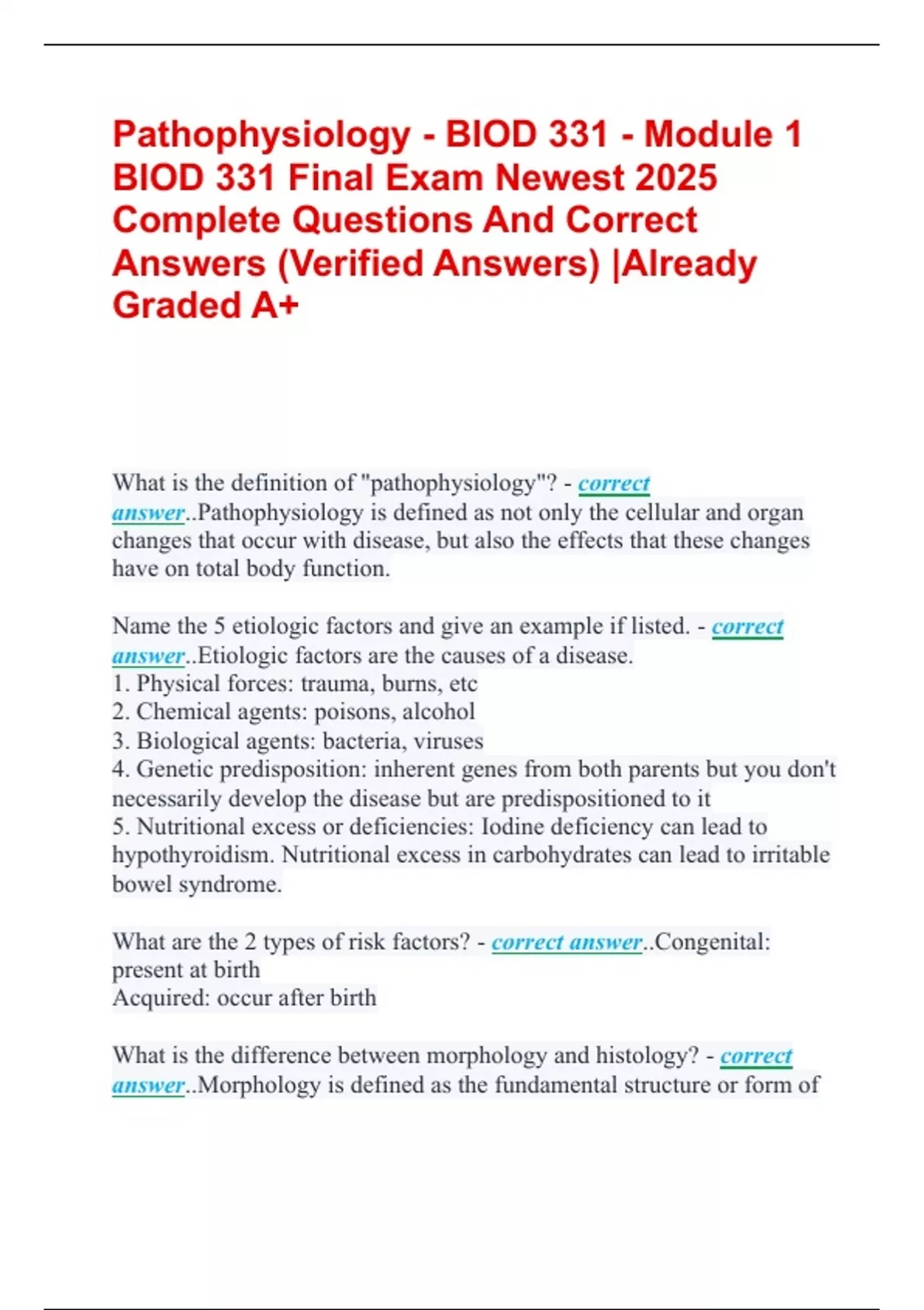 Pathophysiology - BIOD 331 - Module 1 BIOD 331 Final Exam Newest 2025 Complete Questions And ...