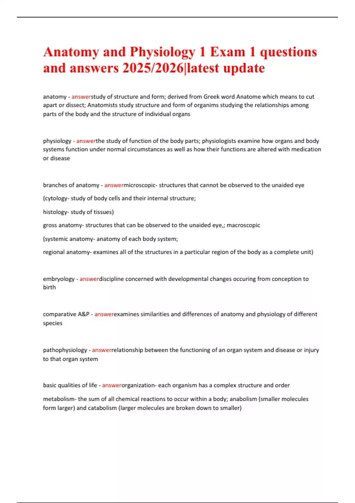 Anatomy and Physiology I – Exam 1 Comprehensive Review Questions and ...