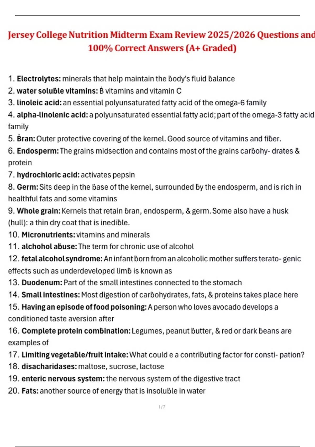 Jersey College Nutrition Midterm Exam Review 2025/2026 – Questions and ...