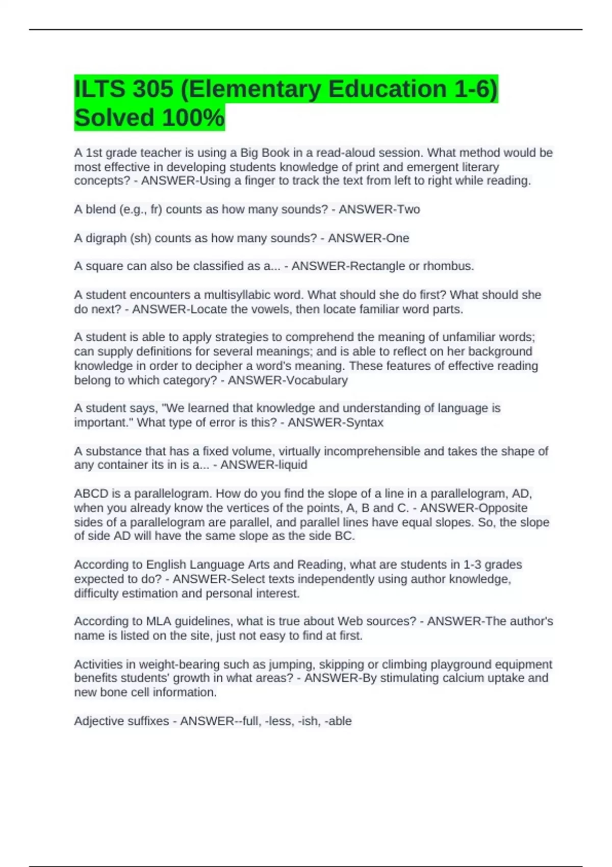 ILTS 305 (Elementary Education 1-6) Solved 100% - ILTS 305 - Stuvia US