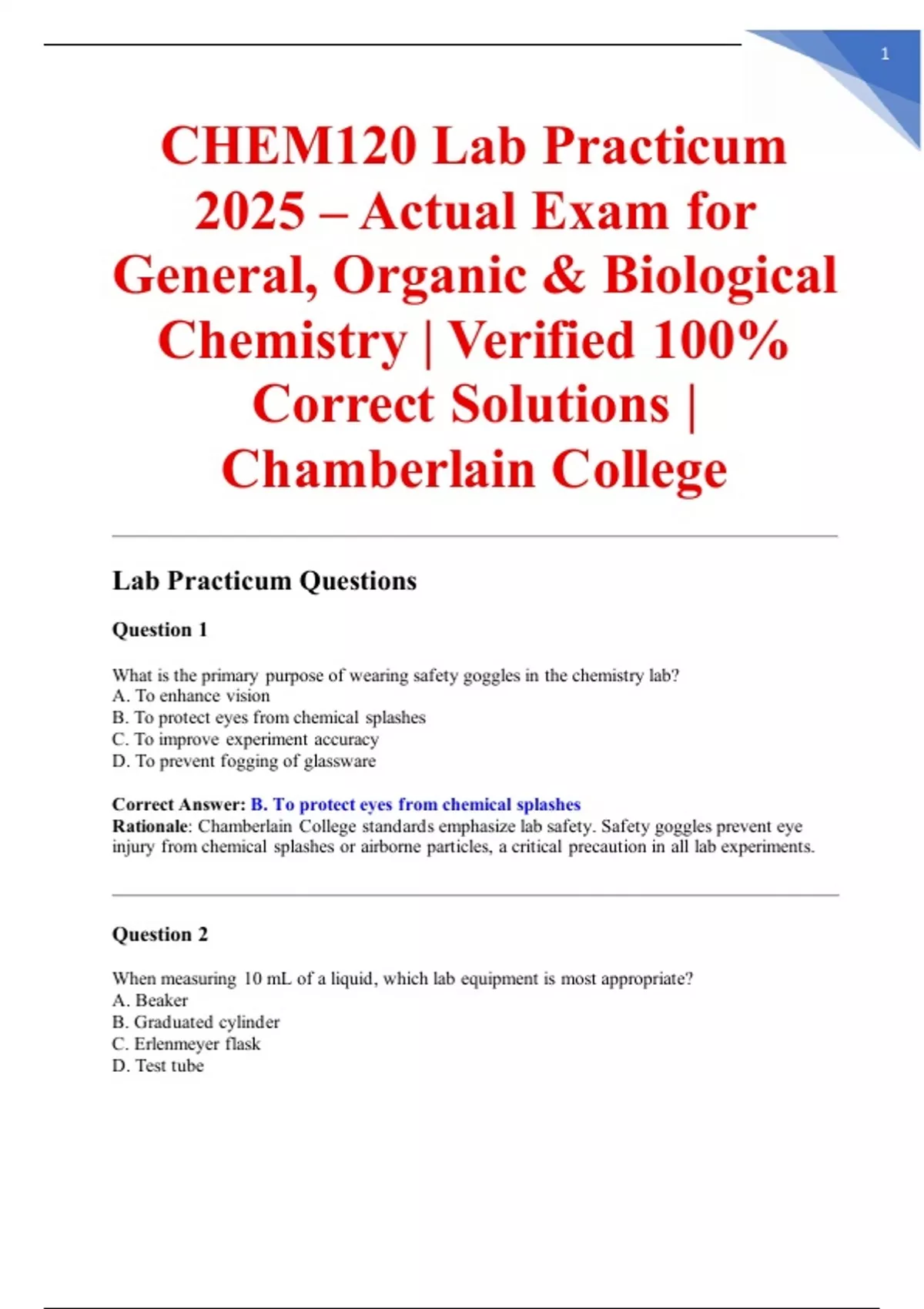 CHEM120 Lab Practicum 2025 – Actual Exam for General, Organic ...