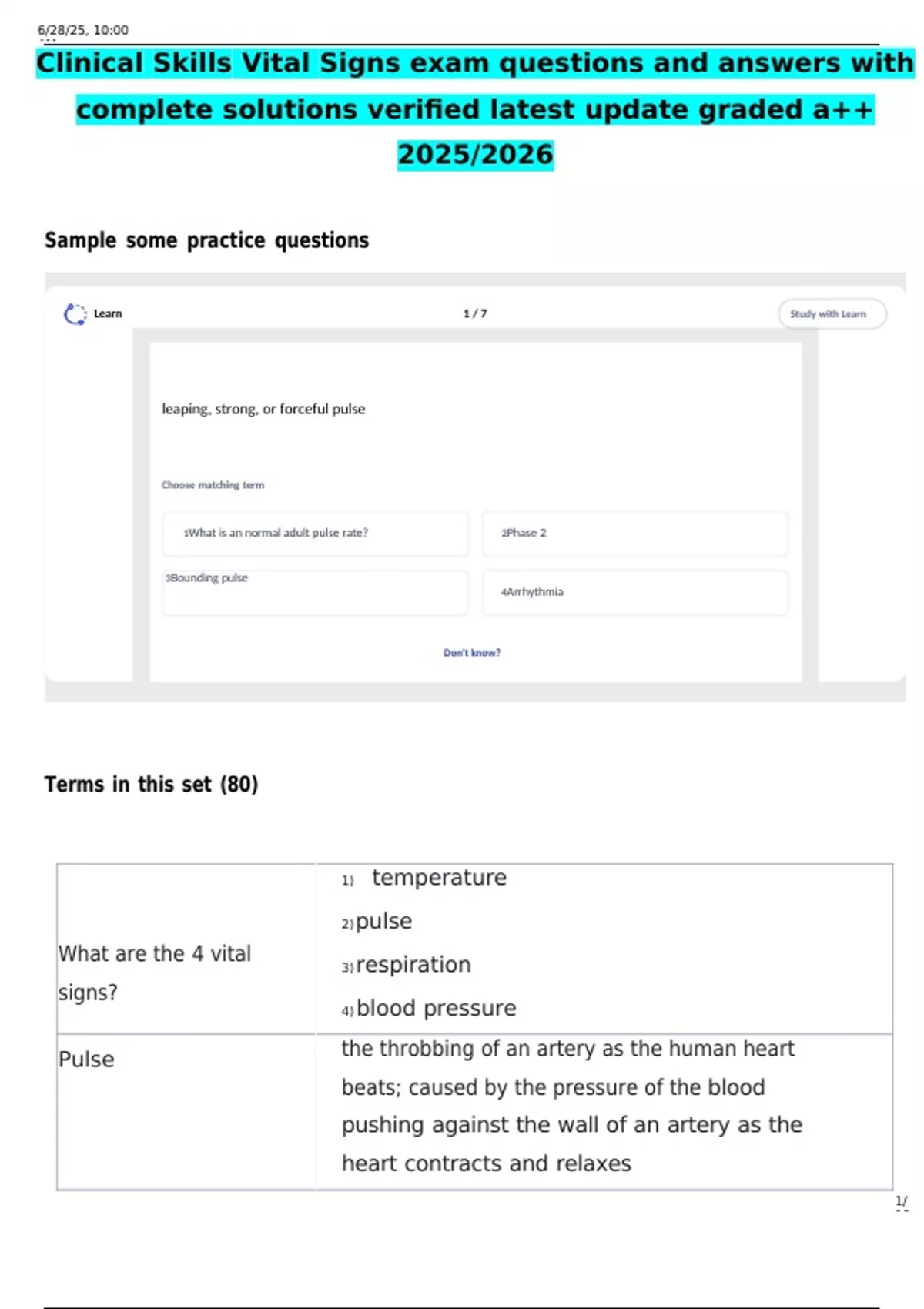 Clinical Skills Vital Signs exam questions and answers with complete ...