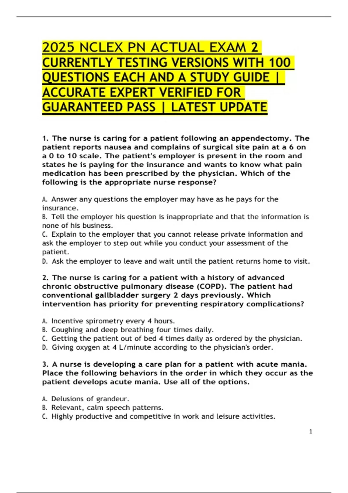 2025 NCLEX PN ACTUAL EXAM 2 CURRENTLY TESTING VERSIONS WITH 100 ...