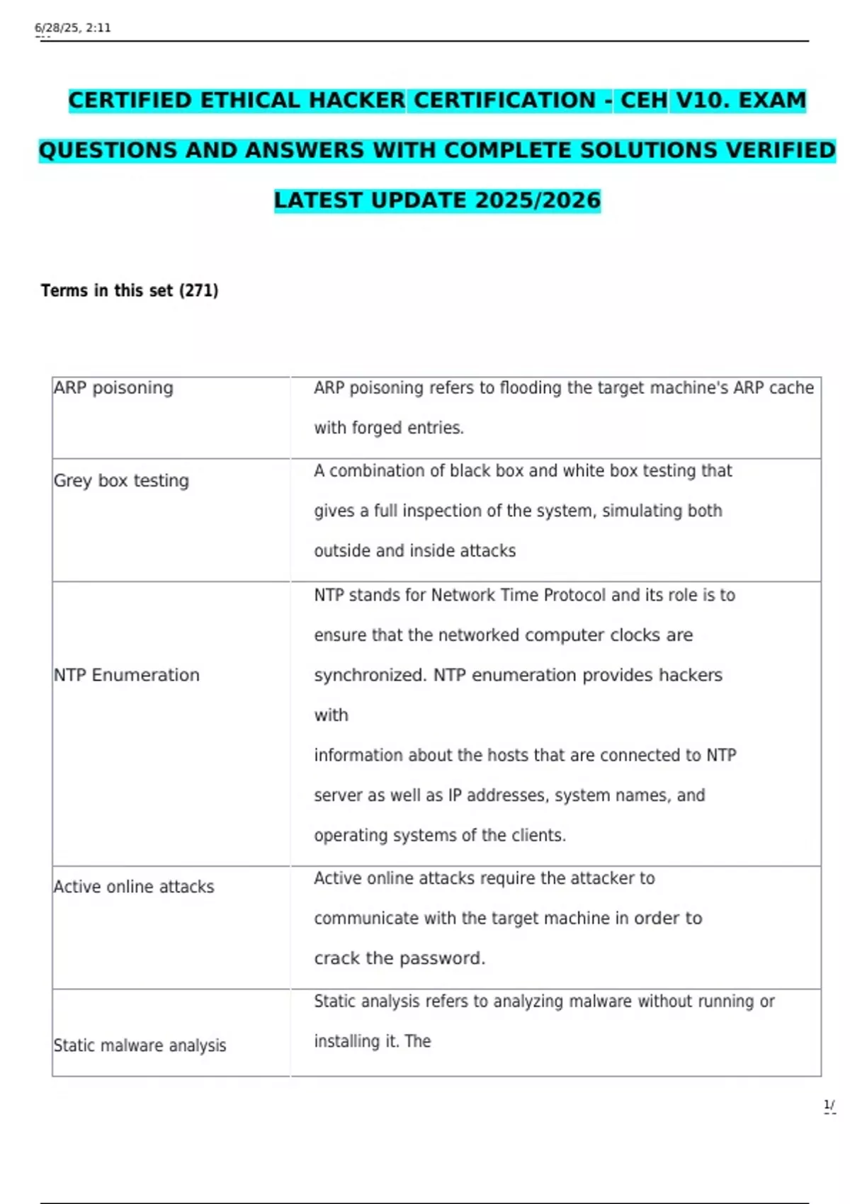 CERTIFIED ETHICAL HACKER CERTIFICATION - CEH V10. EXAM QUESTIONS AND ANSWERS WITH COMPLETE ...