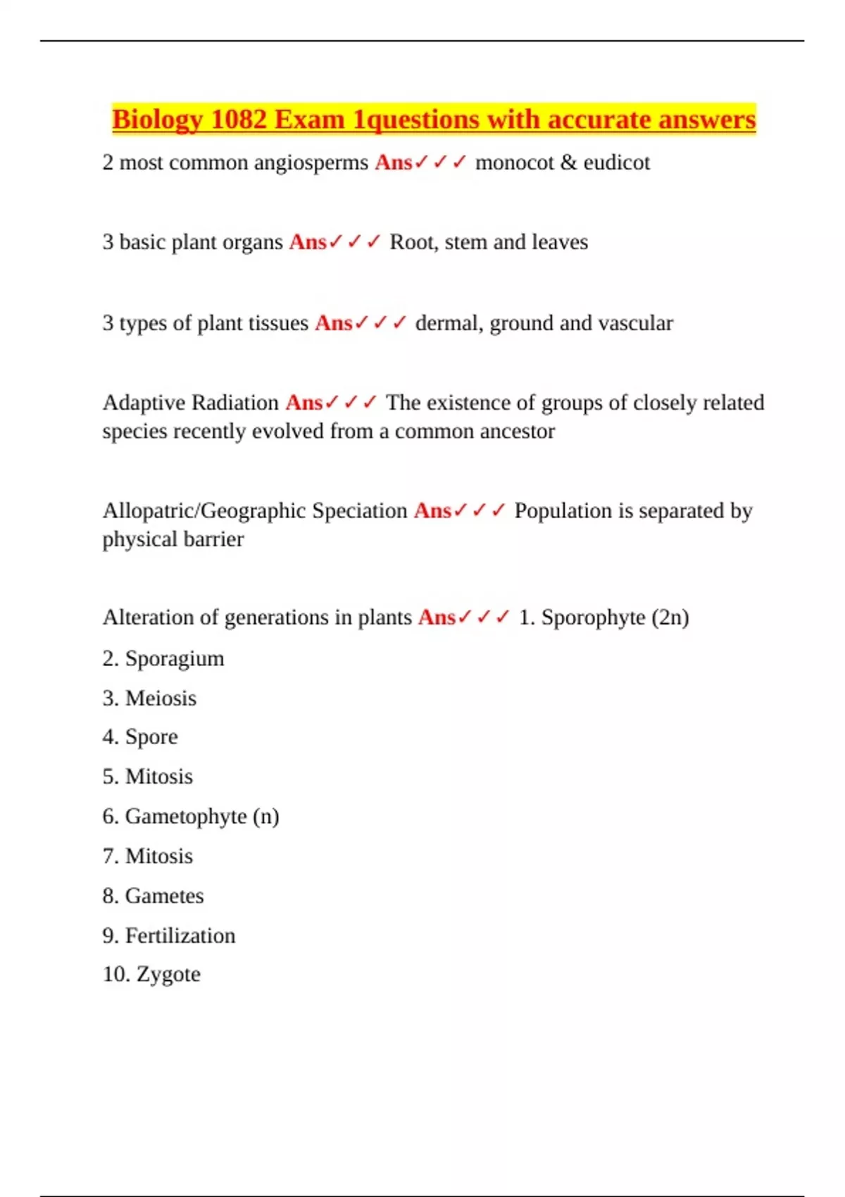 Biology 1082 Exam 1 – Verified Questions and Answers on Plant Biology ...