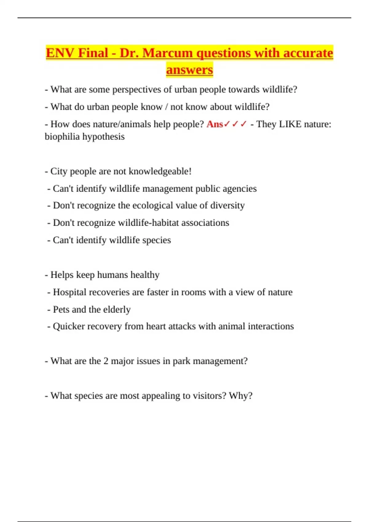 ENV Final – Dr. Marcum’s Complete Exam Questions with Accurate Answers ...