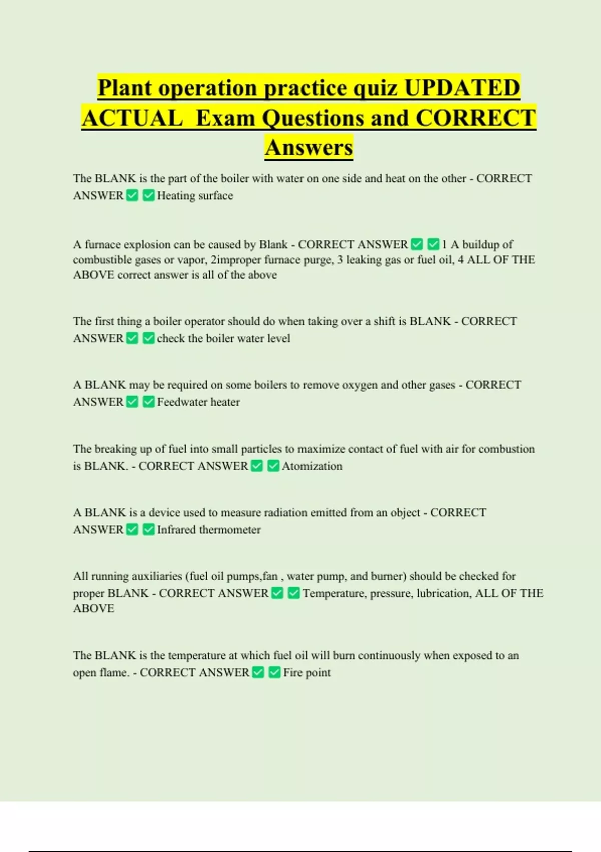 Plant operation practice quiz UPDATED ACTUAL Exam Questions and CORRECT ...