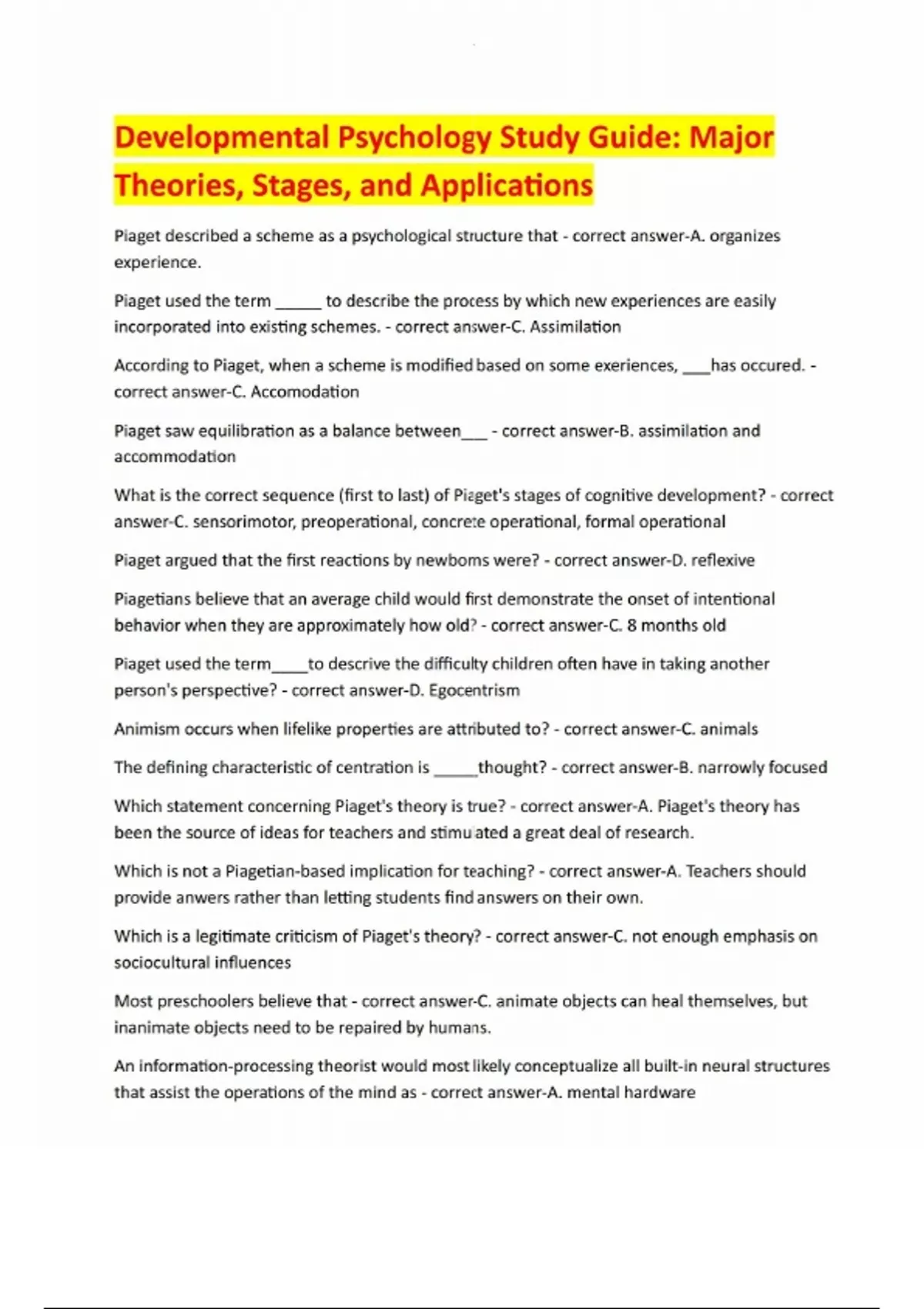 Developmental Psychology Study Guide Major Theories, Stages, and ...
