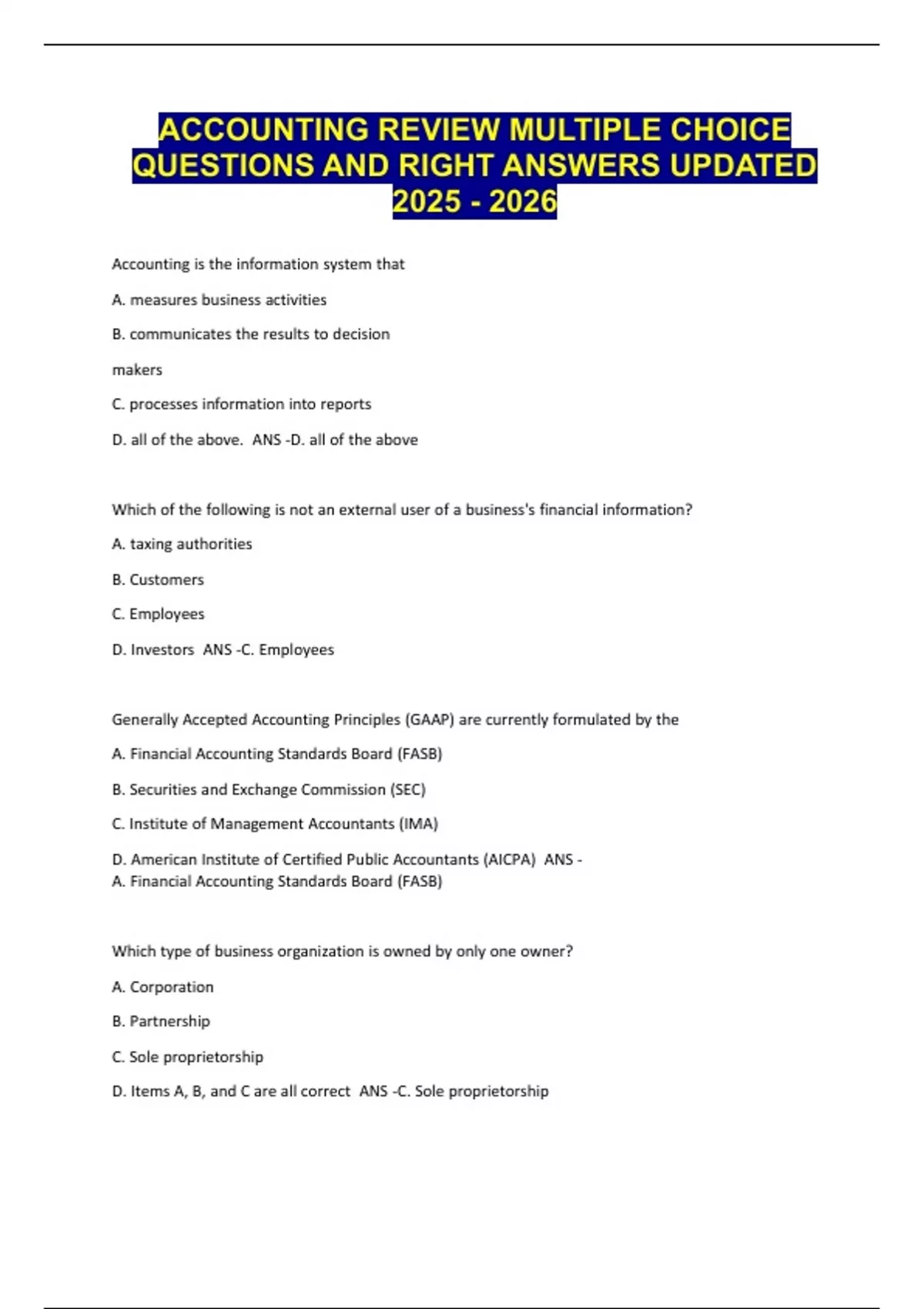 ACCOUNTING REVIEW MULTIPLE CHOICE QUESTIONS AND RIGHT ANSWERS UPDATED ...