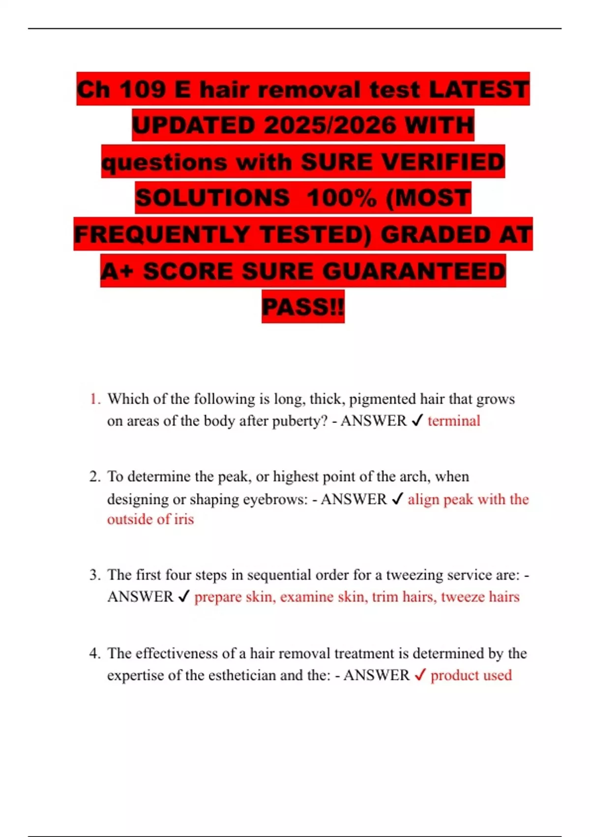 Ch 109 E hair removal test LATEST UPDATED 2025/2026 WITH questions with ...