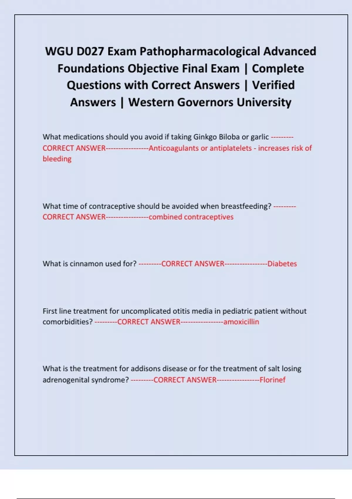 WGU D027 Exam Pathopharmacological Advanced Foundations Objective Final ...