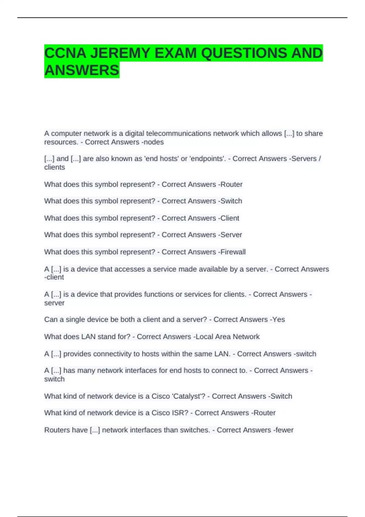 CCNA JEREMY EXAM QUESTIONS AND ANSWERS - CCNA - Stuvia US