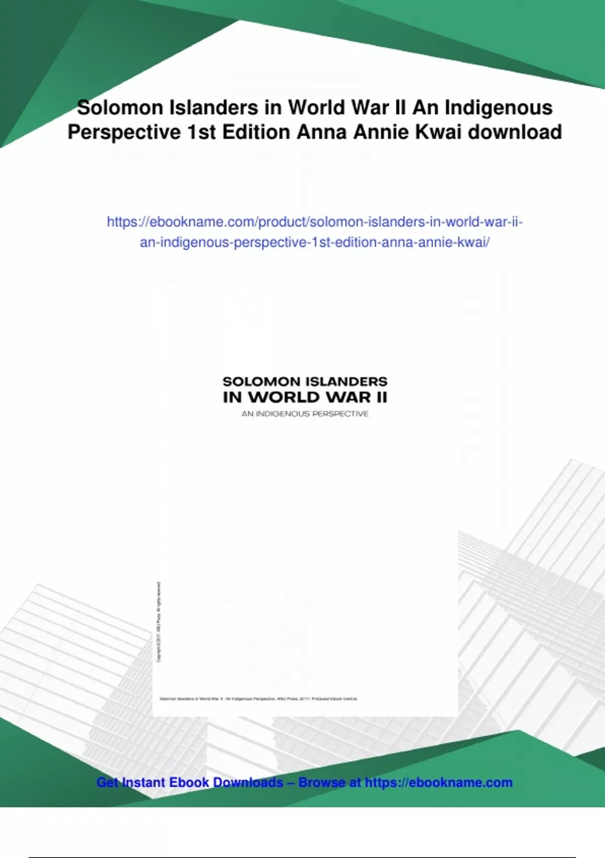Summary Solomon Islanders in World War II An Indigenous Perspective 1st ...