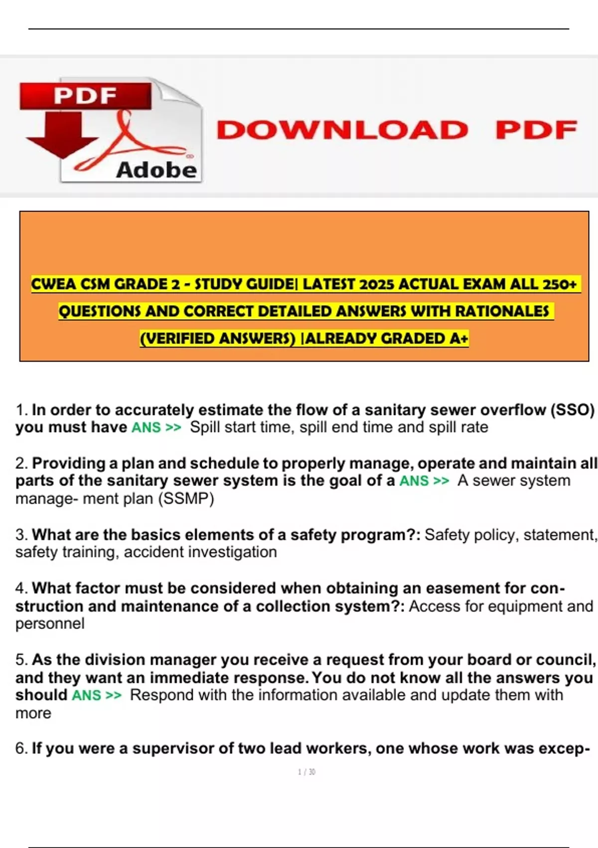 CWEA CSM GRADE 2 - STUDY GUIDE| LATEST 2025 ACTUAL EXAM ALL 250 ...