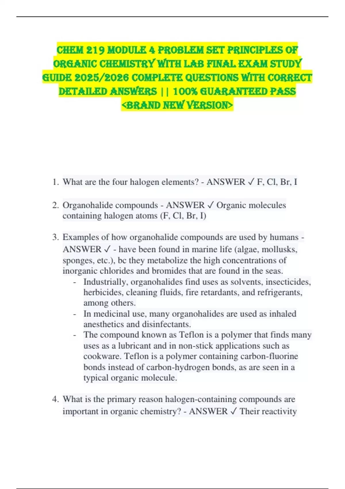CHEM 219 Module 4 Problem Set Principles of Organic Chemistry with Lab ...