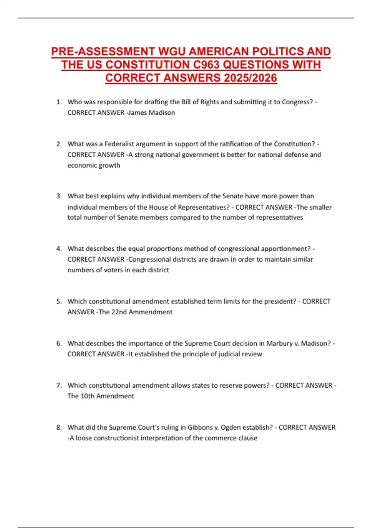 PRE-ASSESSMENT WGU AMERICAN POLITICS AND THE US CONSTITUTION C963 ...