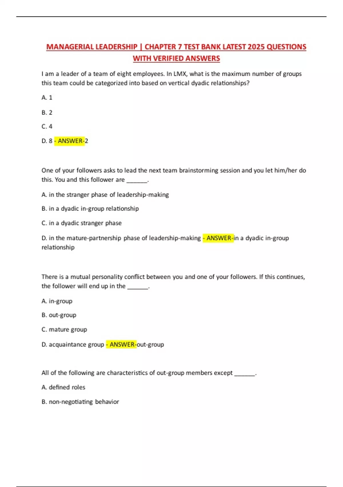 MANAGERIAL LEADERSHIP TEST BANK QUESTIONS WITH CORRECT ANSWERS ...