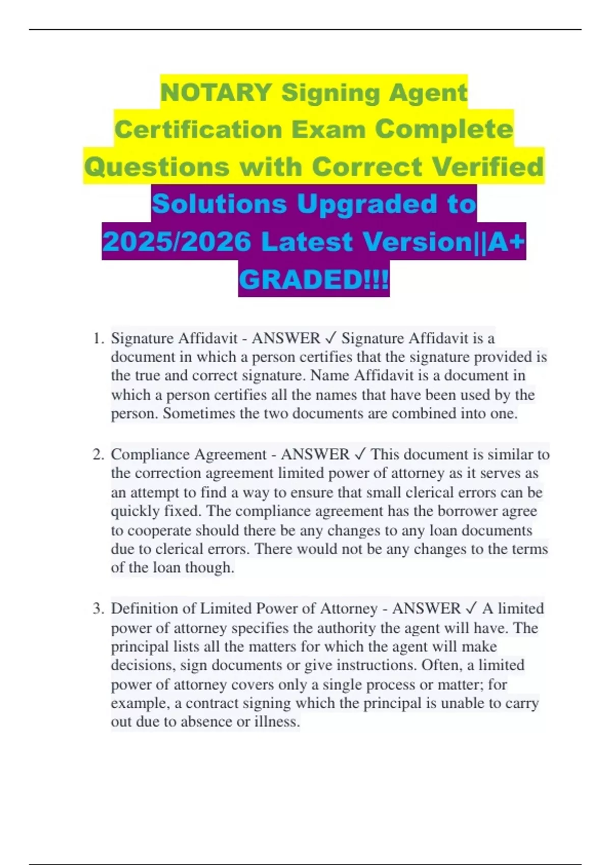 NOTARY Signing Agent Certification Exam Complete Questions with Correct ...