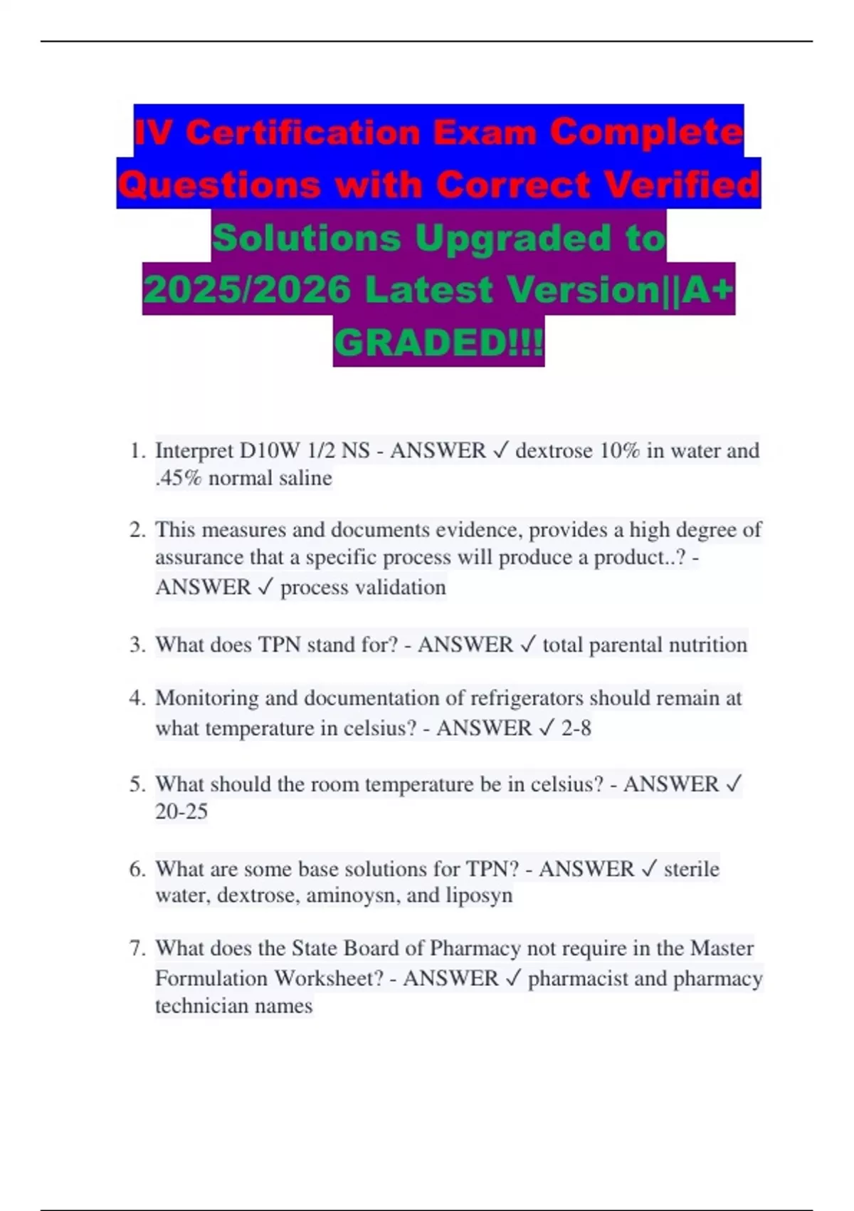 IV Certification Exam Complete Questions with Correct Verified Solutions Upgraded to 2025/2026 ...