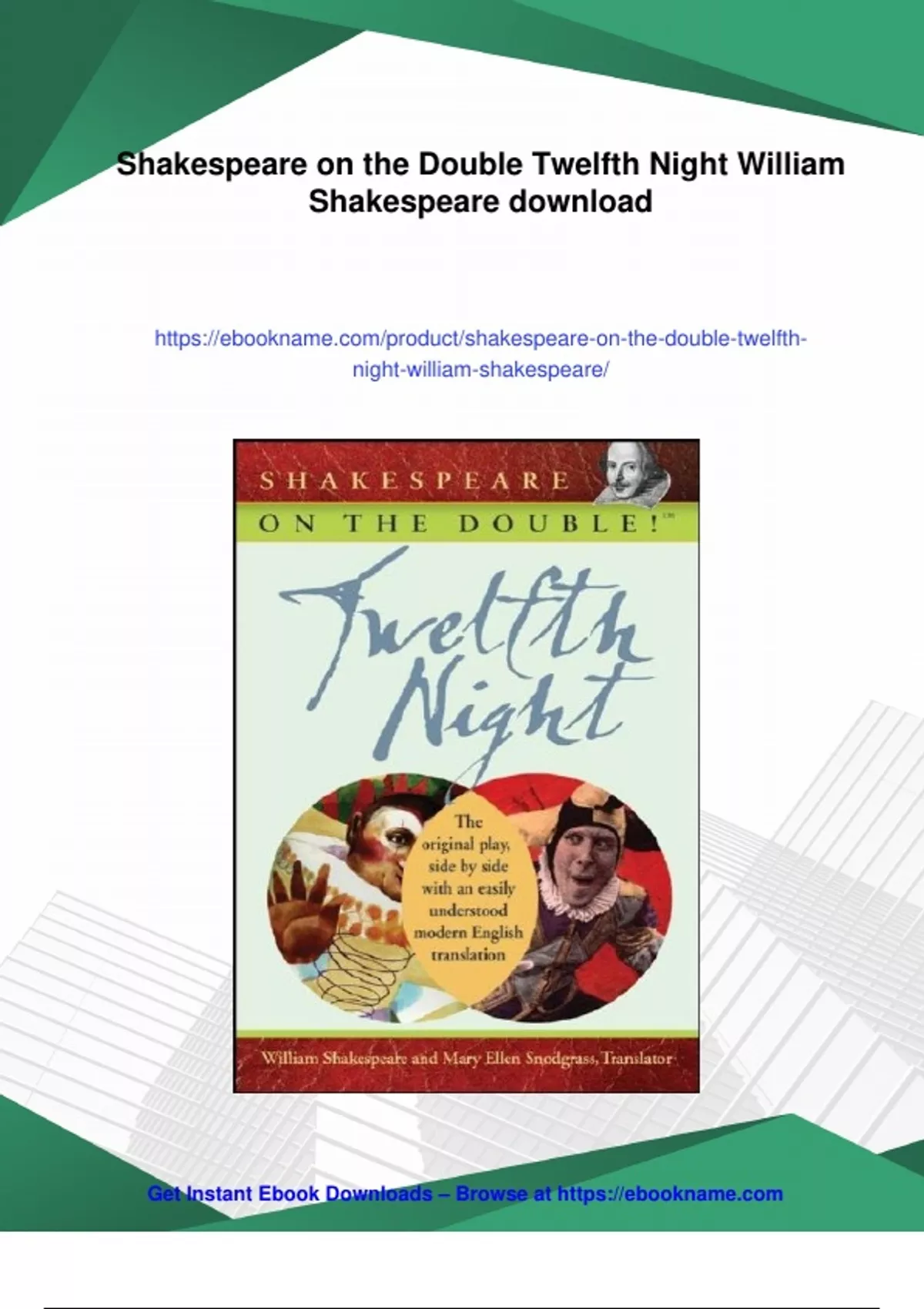 Summary Shakespeare on the Double Twelfth Night William Shakespeare ...