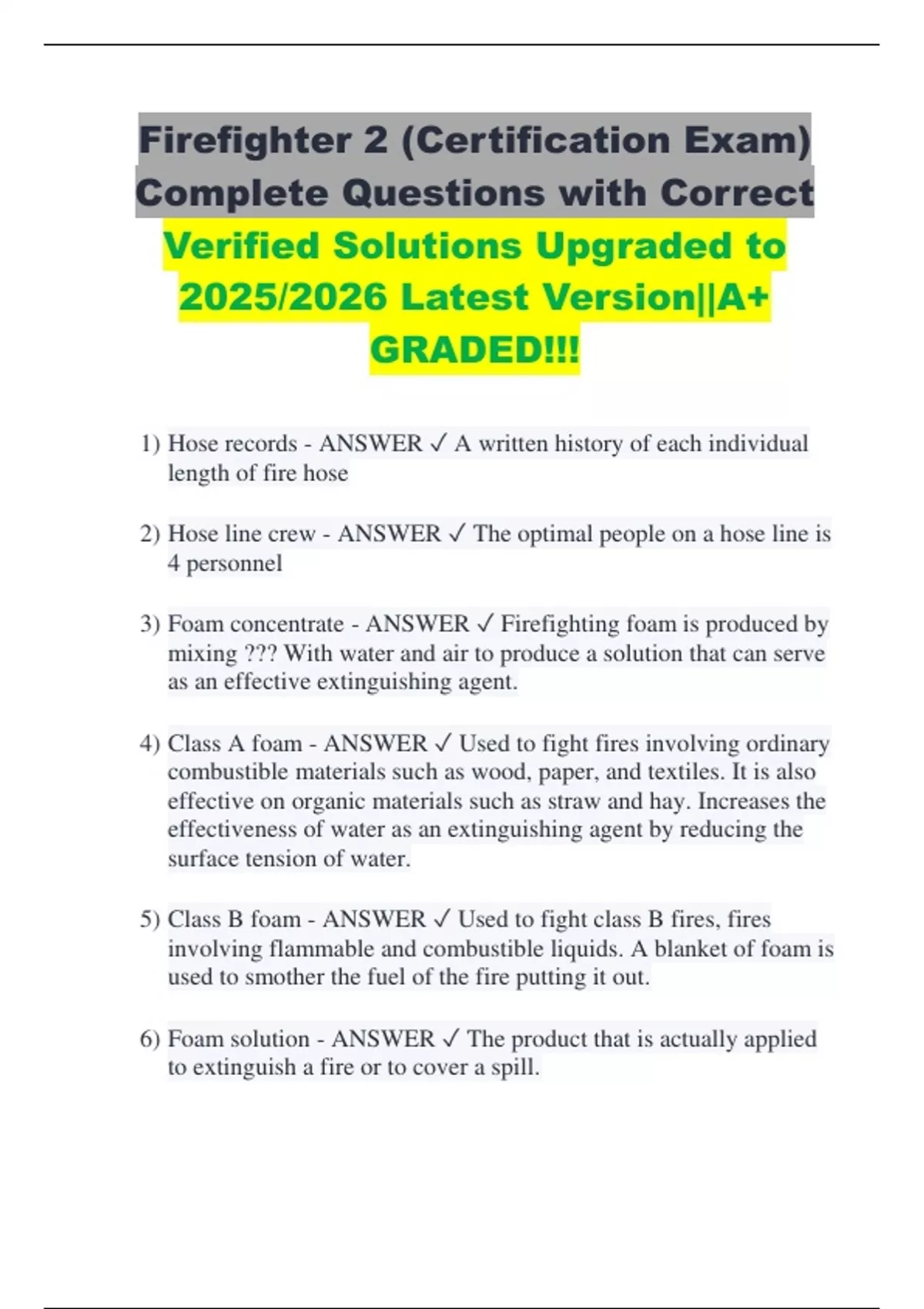 Firefighter 2 (Certification Exam) Complete Questions with Correct Verified Solutions Upgraded ...