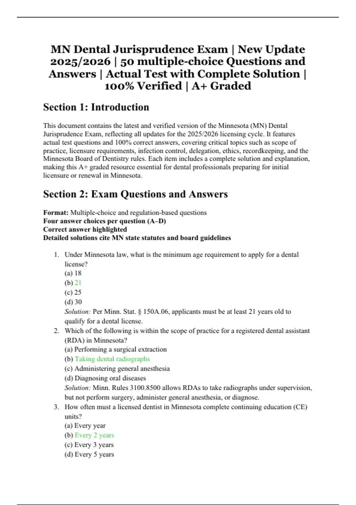 MN Dental Jurisprudence Exam – New 2025/2026 Update – 50 Multiple ...
