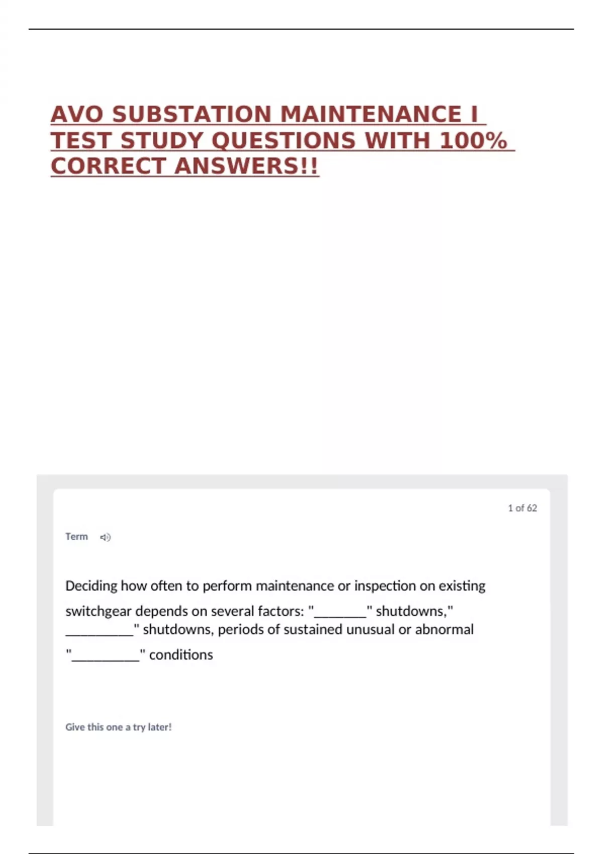 AVO SUBSTATION MAINTENANCE I TEST STUDY QUESTIONS WITH 100% CORRECT ...