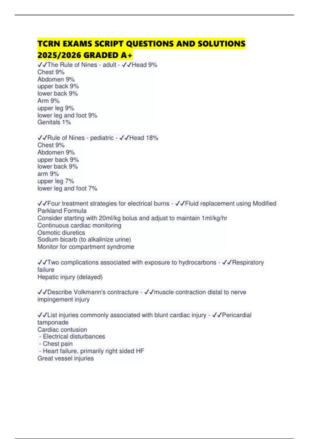 TCRN EXAMS SCRIPT QUESTIONS AND SOLUTIONS 2025/2026 GRADED A+ - TCRN ...