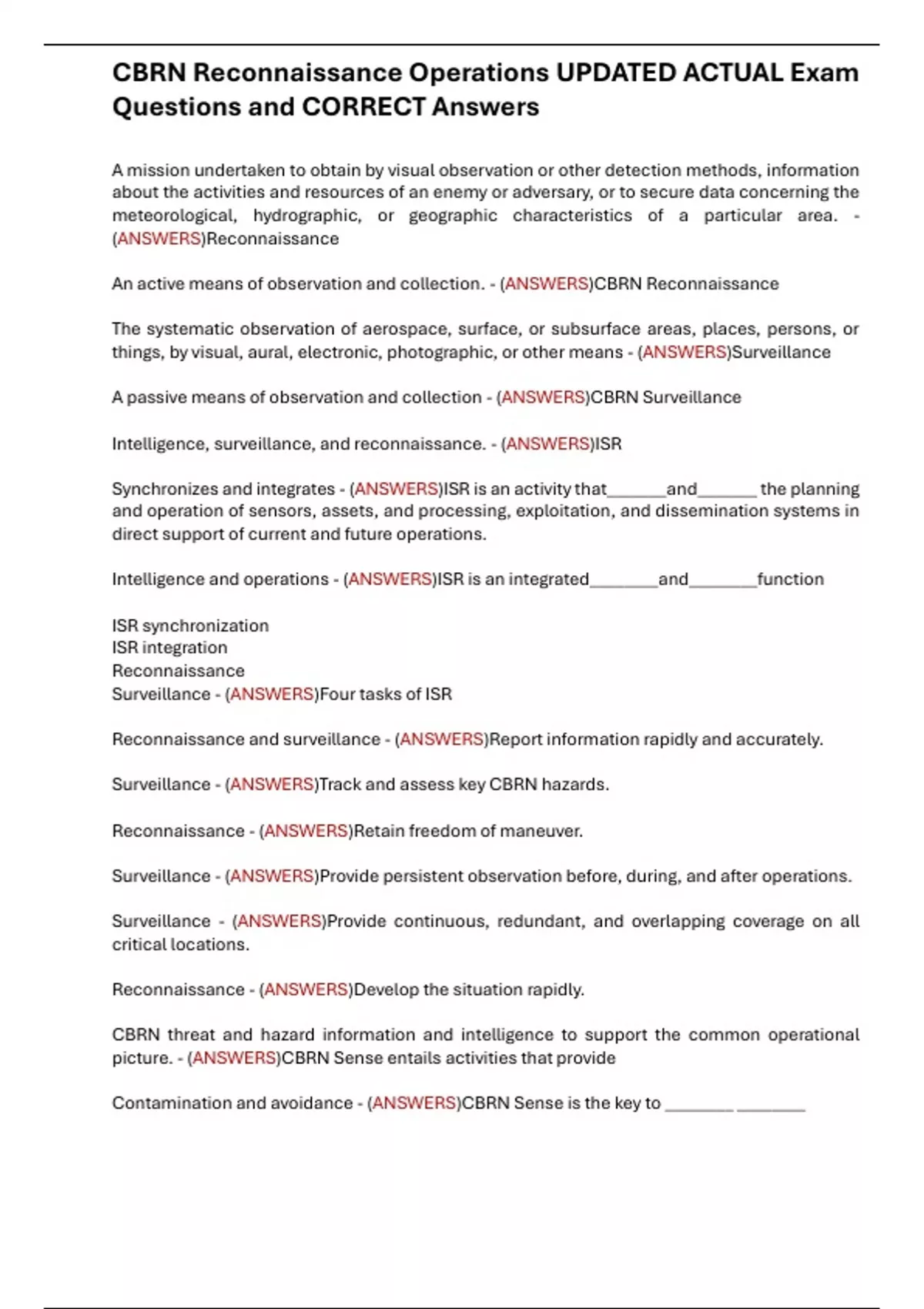 CBRN Reconnaissance Operations UPDATED ACTUAL Exam Questions and ...
