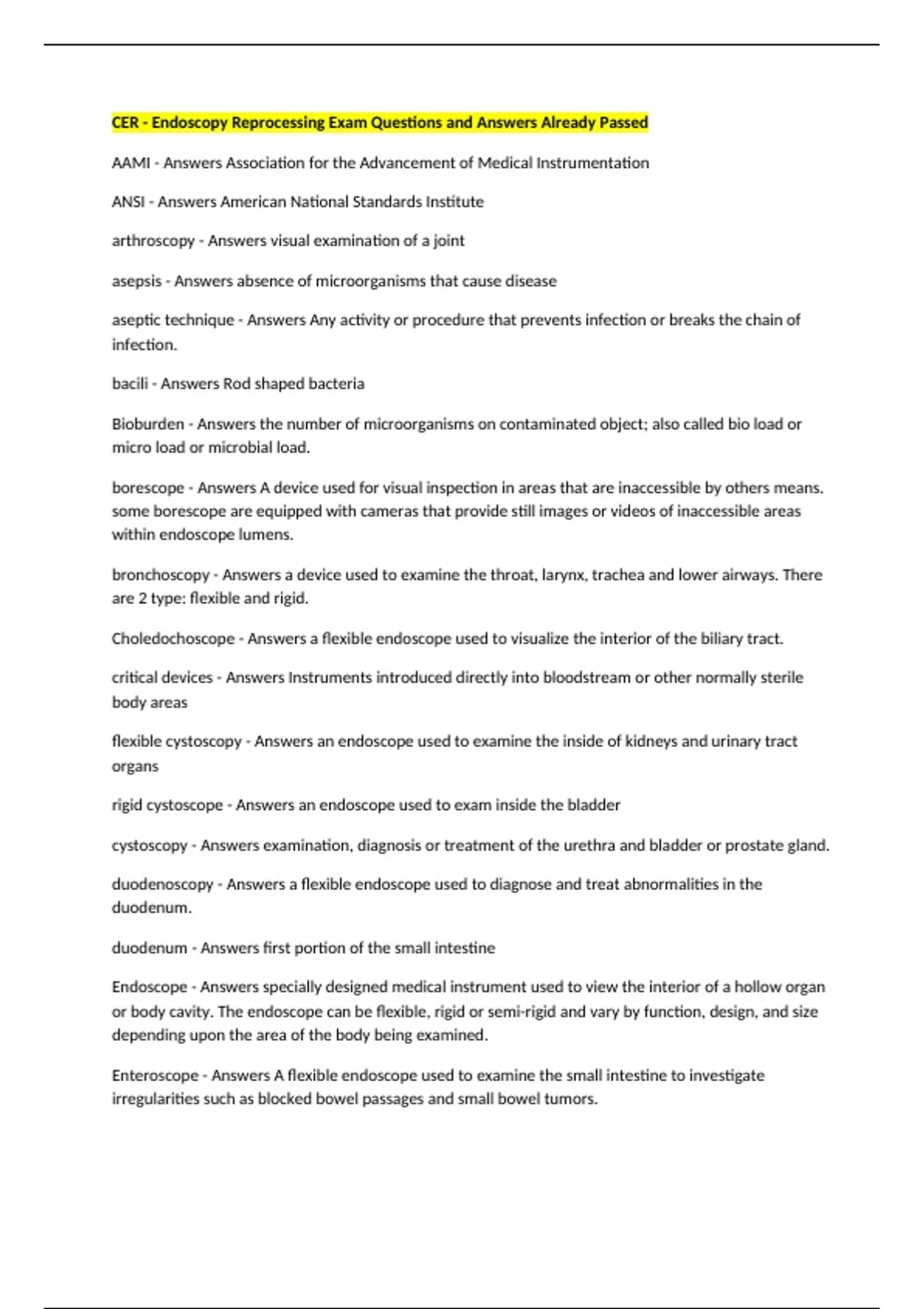 CER - Endoscopy Reprocessing Exam Questions and Answers Already Passed ...