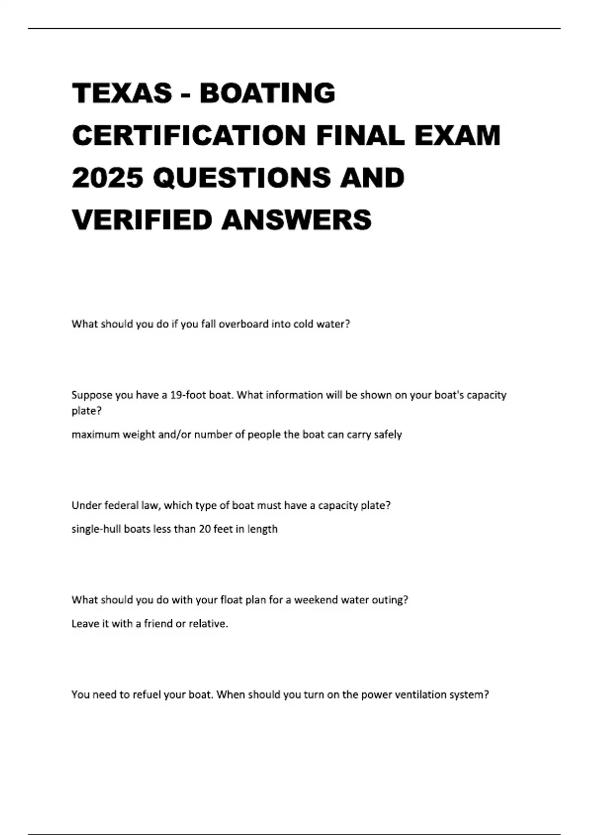 TEXAS BOATING CERTIFICATION FINAL EXAM QUESTIONS WITH SOLUTIONS 2025/ ...
