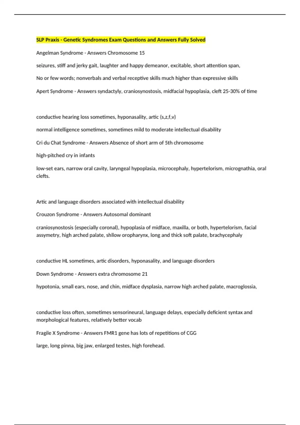 SLP Praxis - Genetic Syndromes Exam Questions and Answers Fully Solved ...