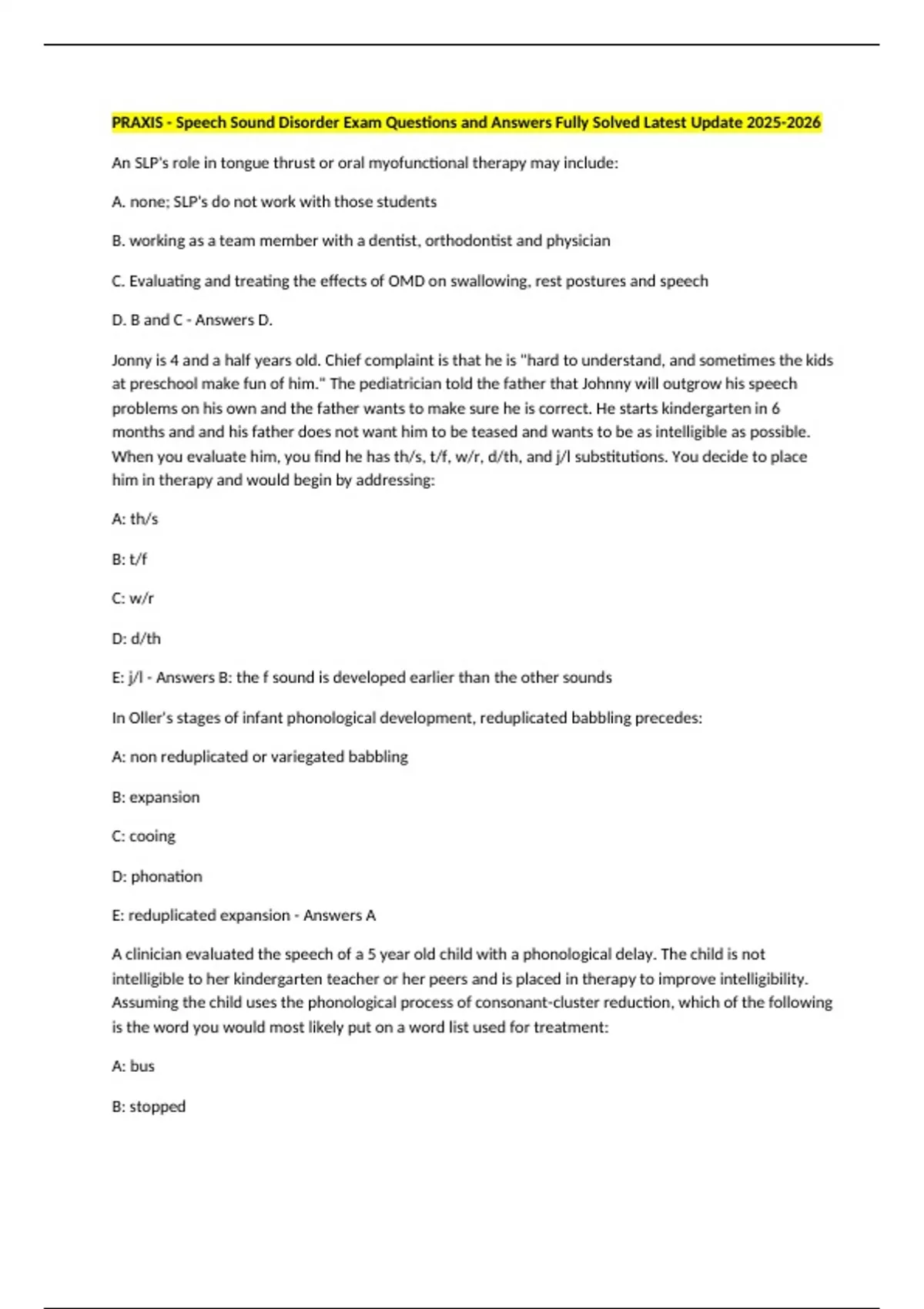 PRAXIS - Speech Sound Disorder Exam Questions and Answers Fully Solved ...