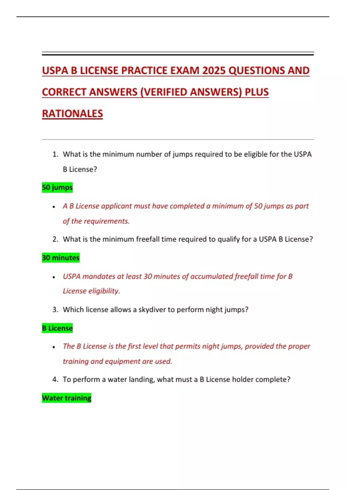USPA B LICENSE PRACTICE EXAM 2025 QUESTIONS AND CORRECT ANSWERS ...