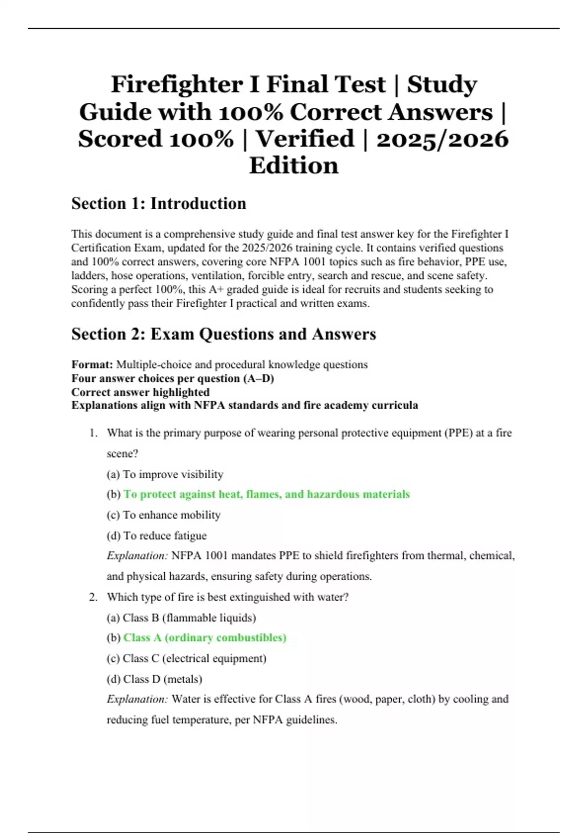 Firefighter I Final Test – Study Guide with 100% Correct Answers ...