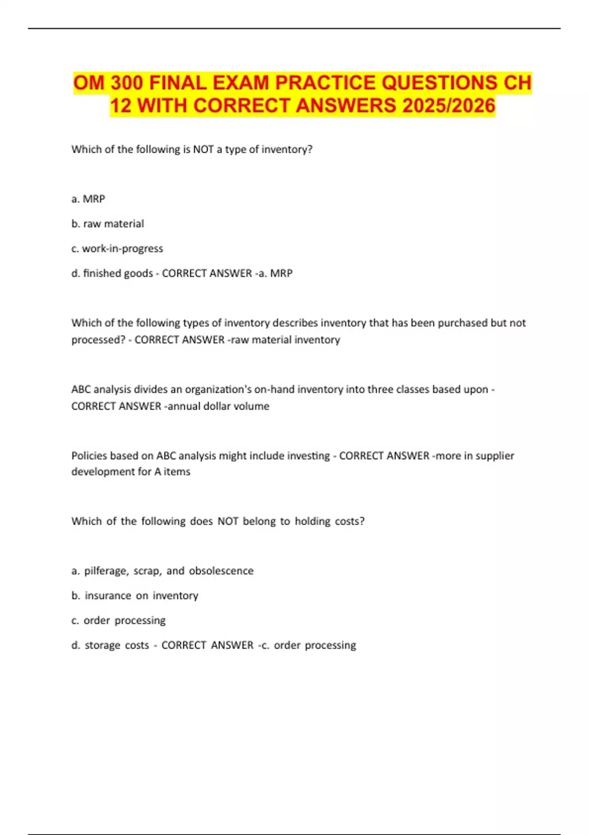 OM 300 FINAL EXAM PRACTICE QUESTIONS CH 12 WITH CORRECT ANSWERS 2025/ ...