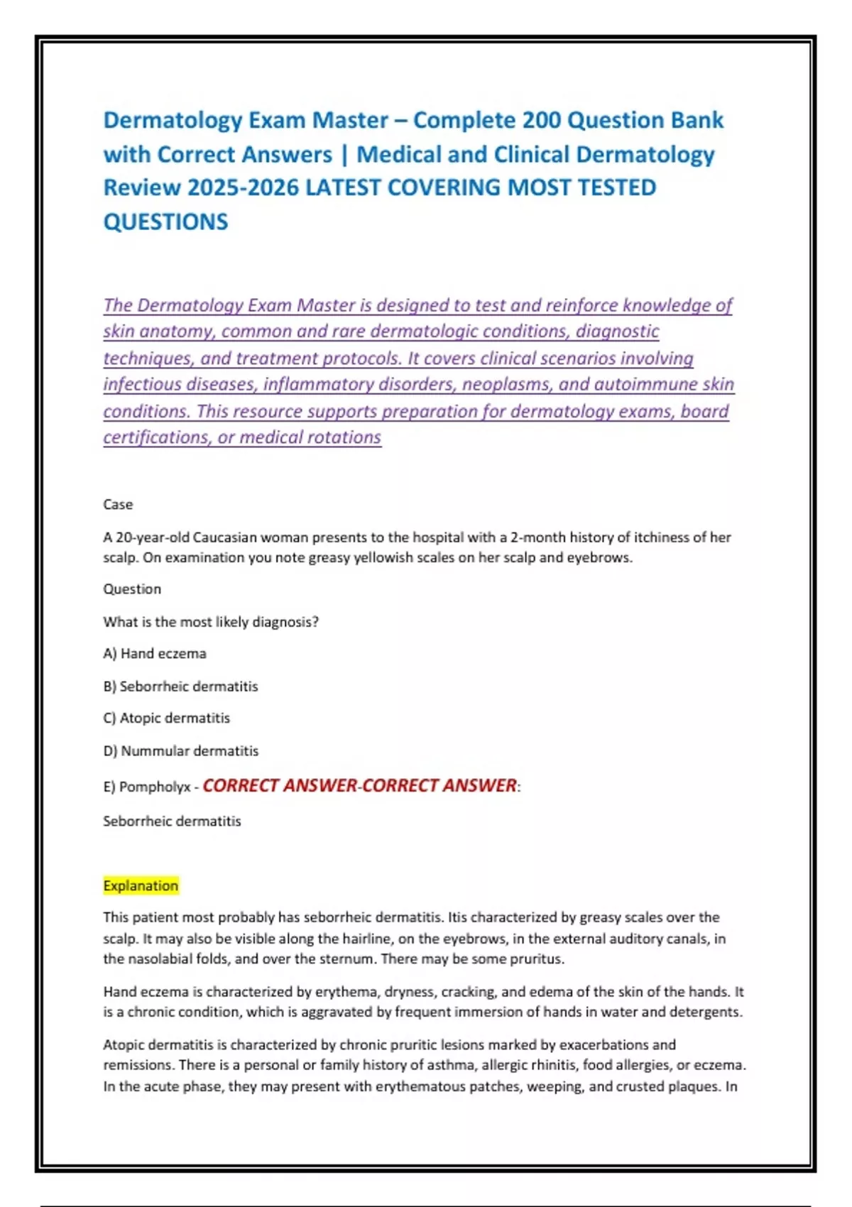 Dermatology Exam Master – Complete 200 Question Bank with Correct ...