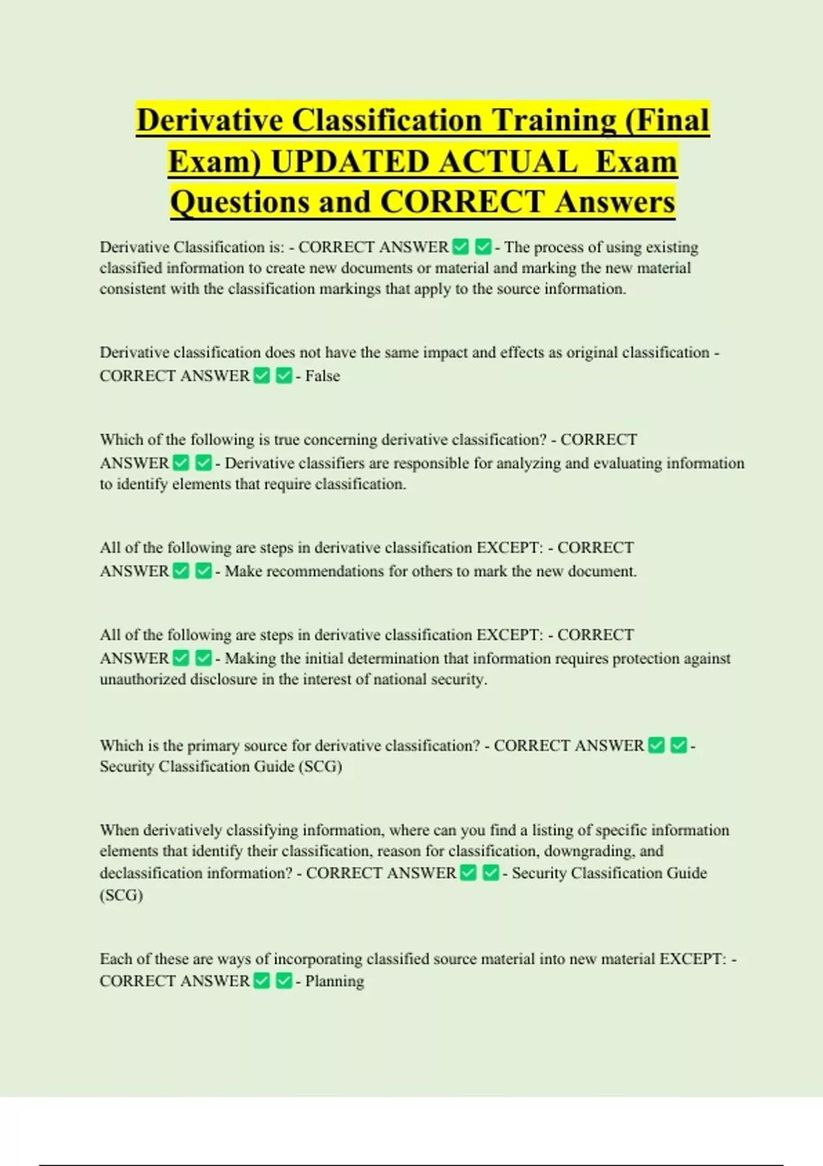 Derivative Classification Training Final Exam Updated Actual Exam Questions And Correct