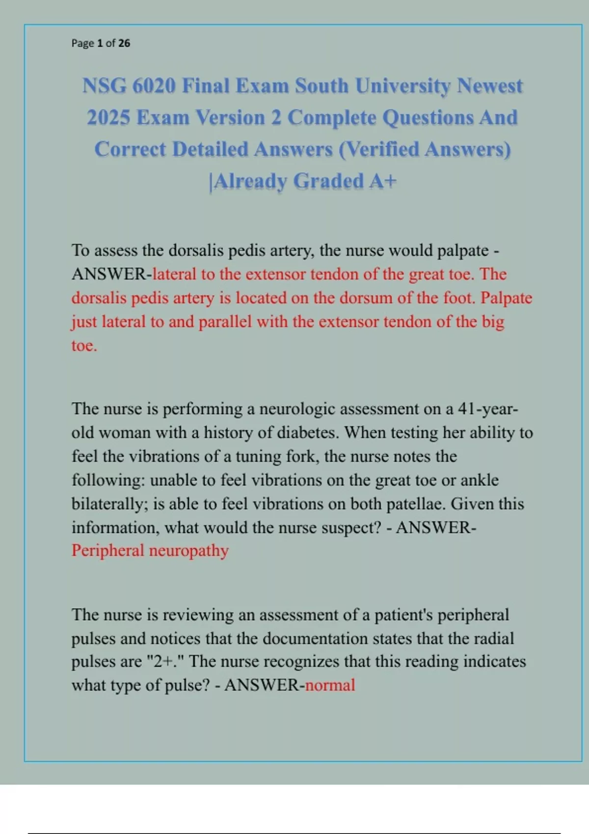 NSG 6020 Final Exam South University Newest 2025 Exam Version 2 Complete Questions And Correct ...