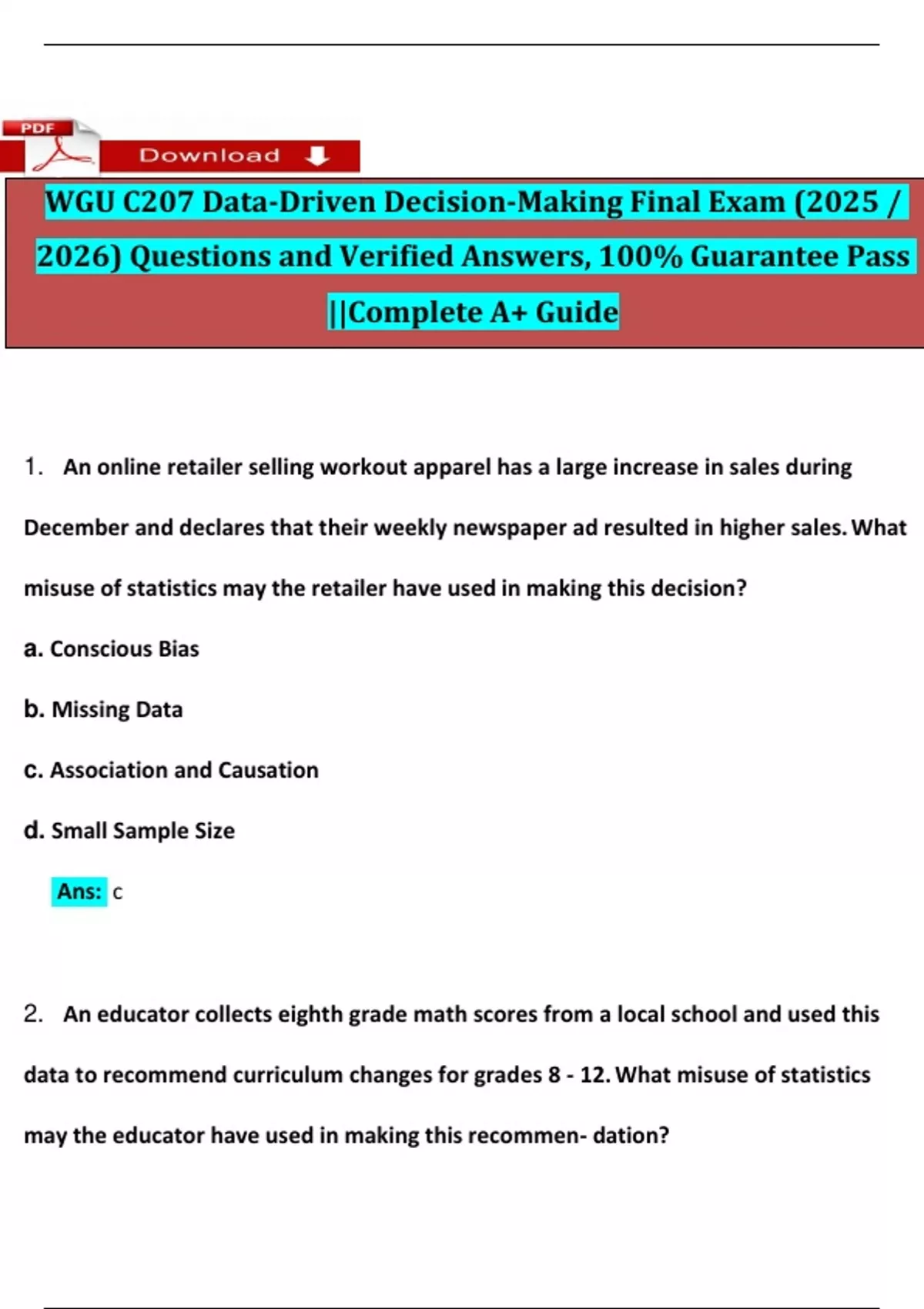 WGU C207 Data-Driven Decision-Making Final Exam (2025 / 2026) Questions and Verified Answers ...
