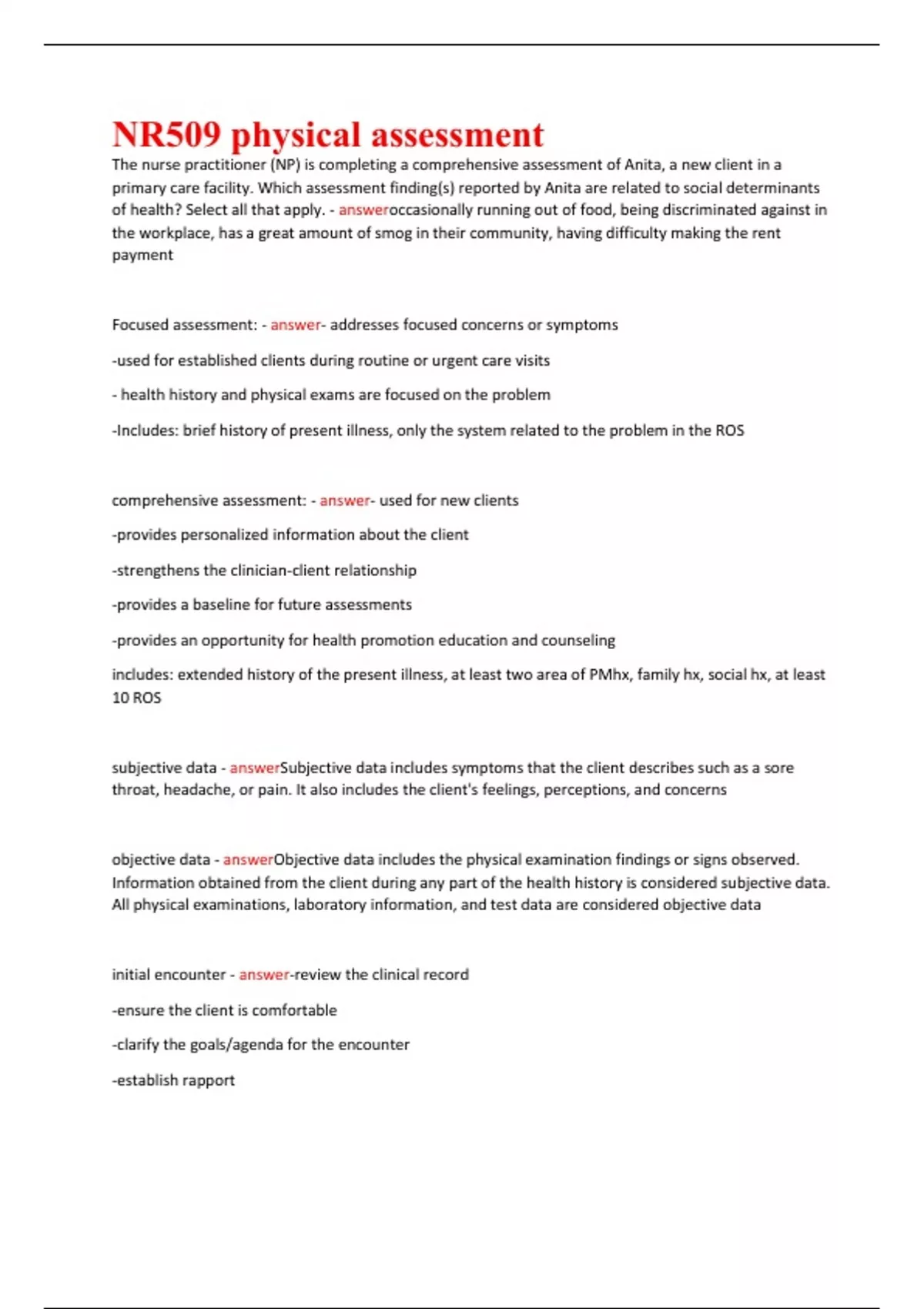 NR509 Advanced Physical Assessment – Complete Test Bank with Rationales ...