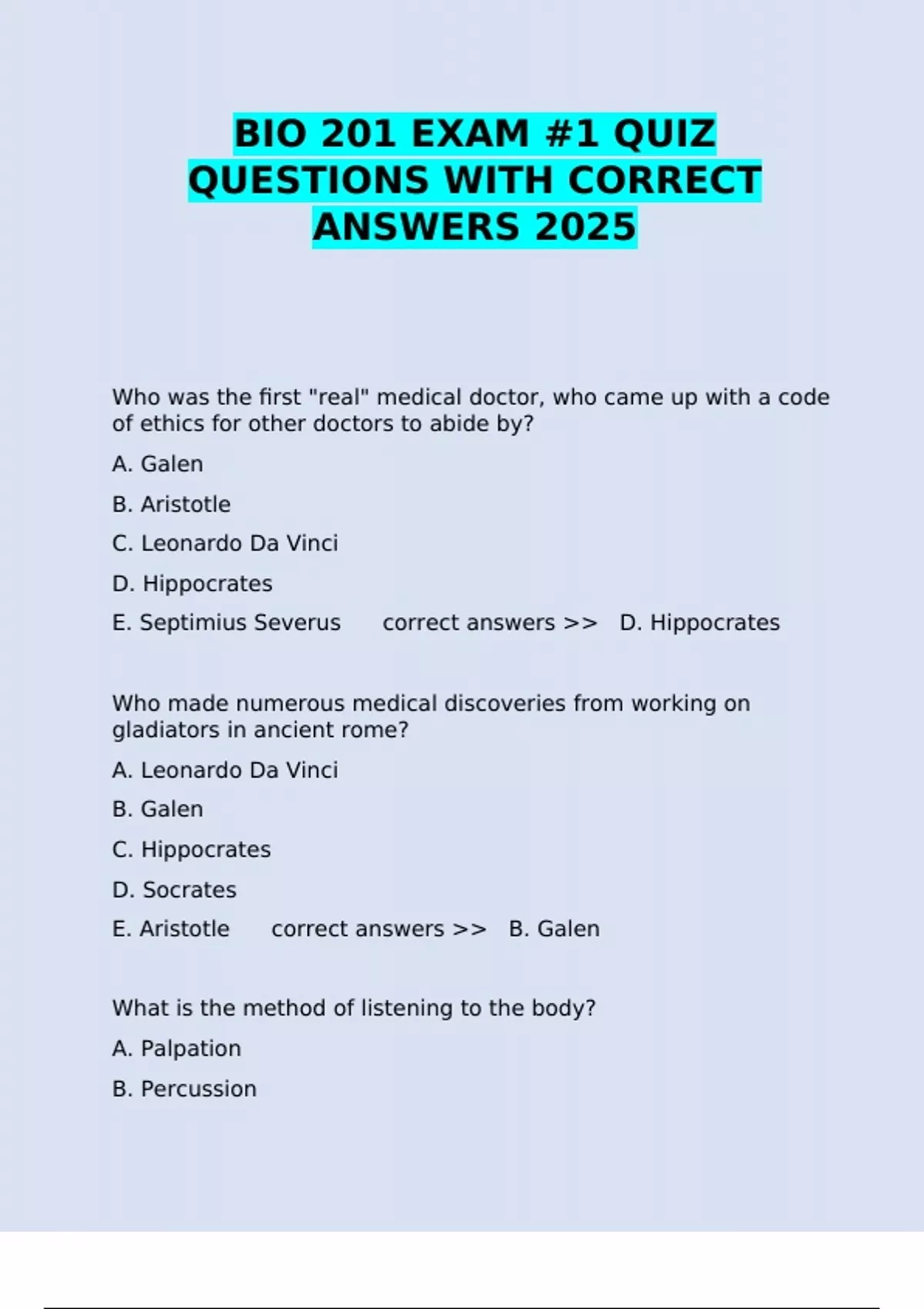 BIO 201 EXAM #1 QUIZ QUESTIONS WITH CORRECT ANSWERS 2025 - BIO 201 EXA - Stuvia US