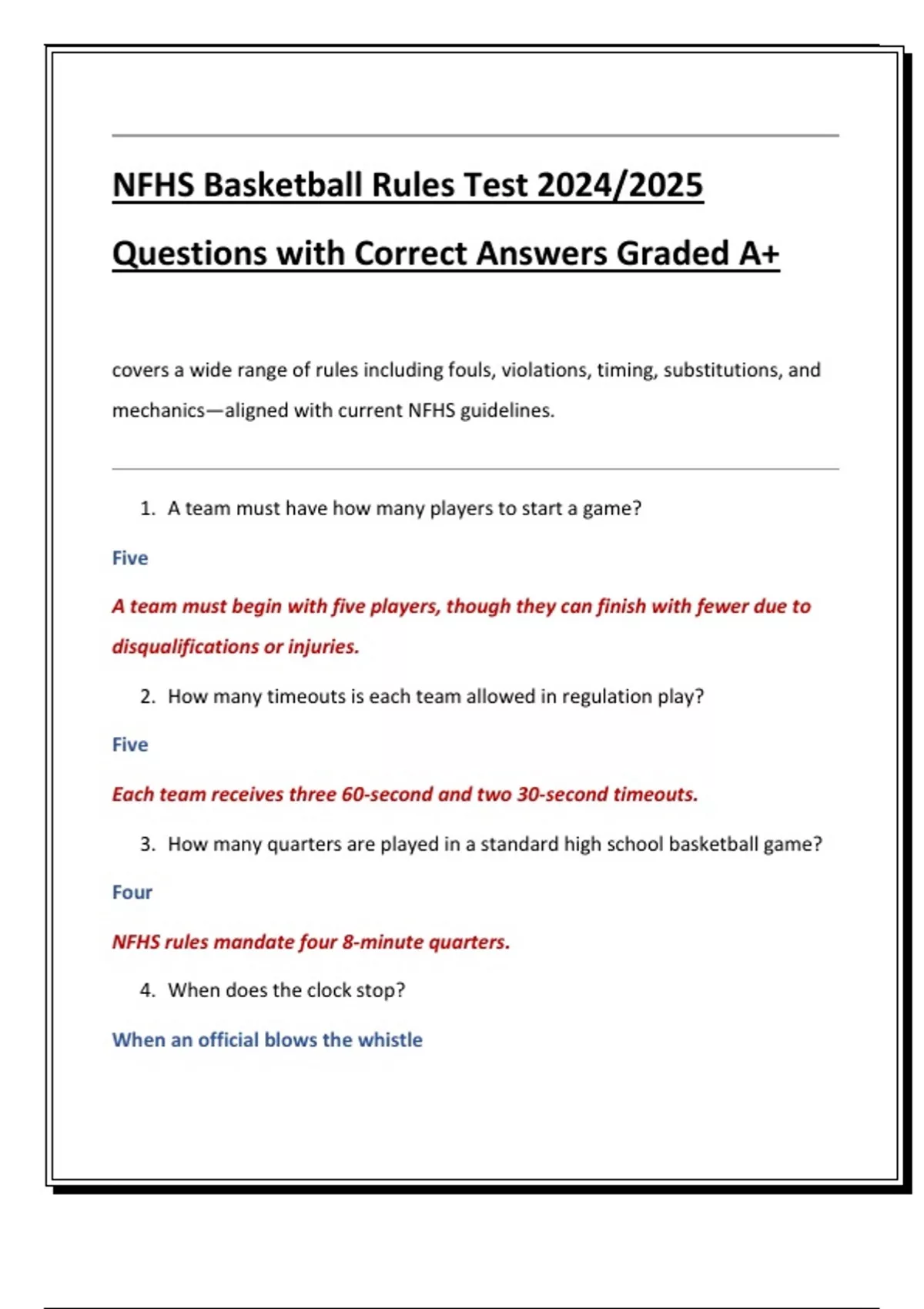 NFHS Basketball Rules Test 2024/2025 Questions with Correct Answers ...