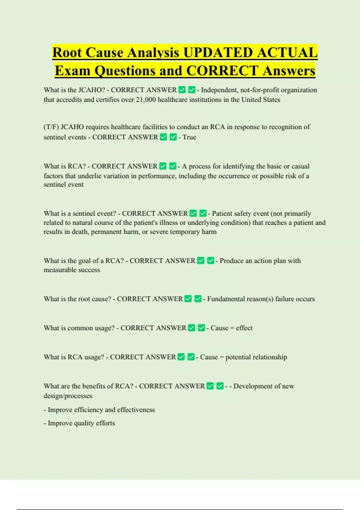 Root Cause Analysis UPDATED ACTUAL Exam Questions and CORRECT Answers ...