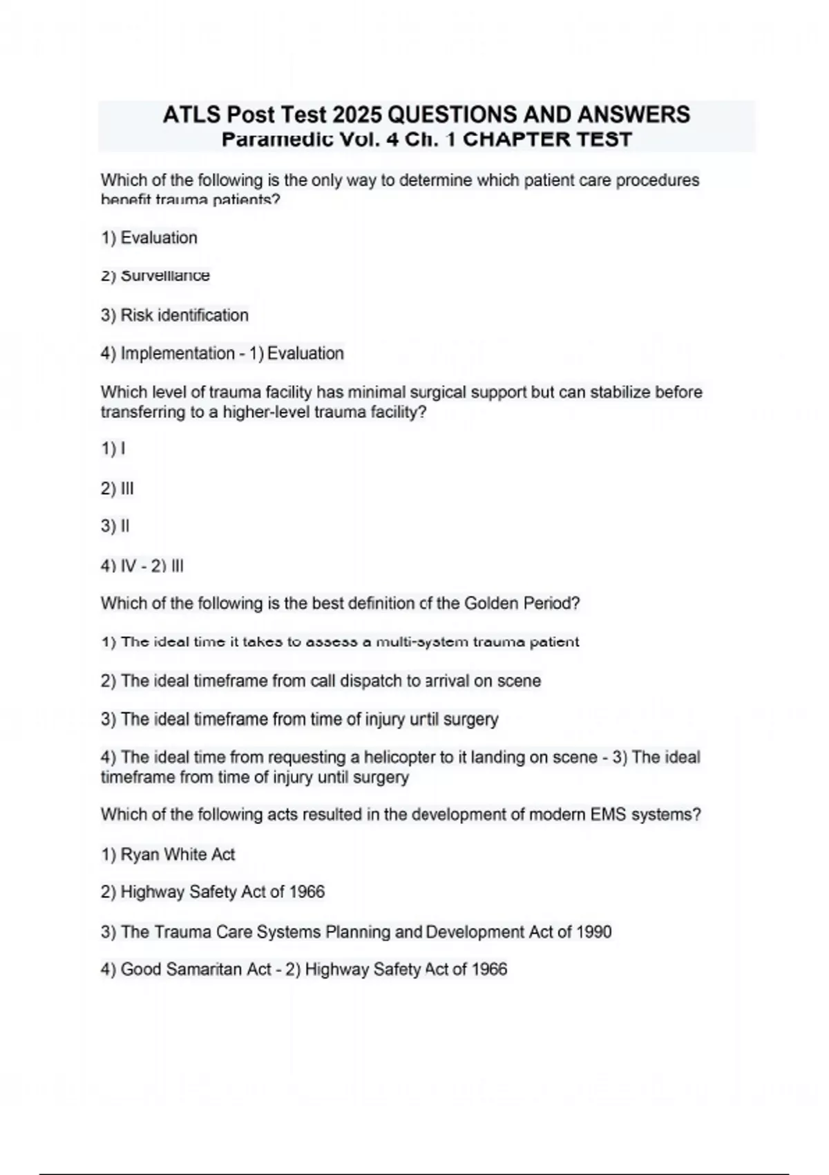 ATLS Post Test 2025 QUESTIONS AND ANSWERS Paramedic Vol. 4 Ch. 1 ...