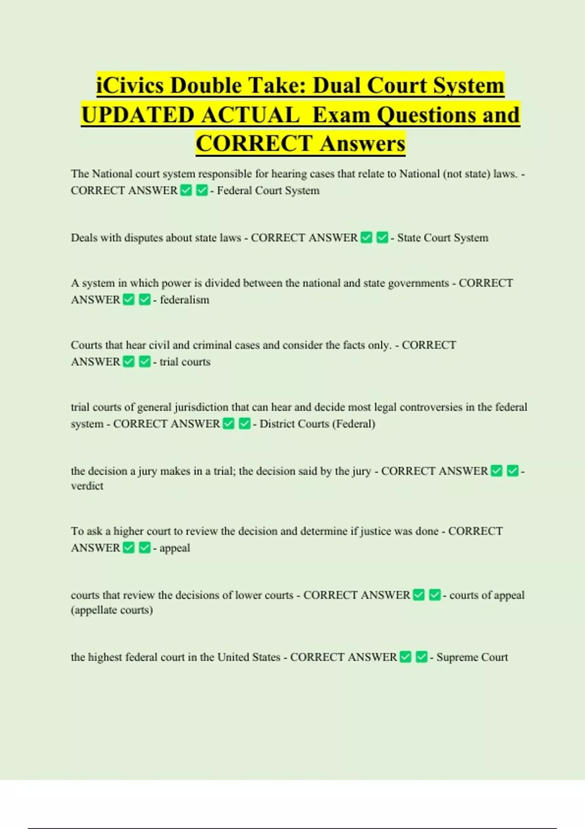 Dual Court System Bundled Exam Questions WITH CORRECT Answers - Stuvia US