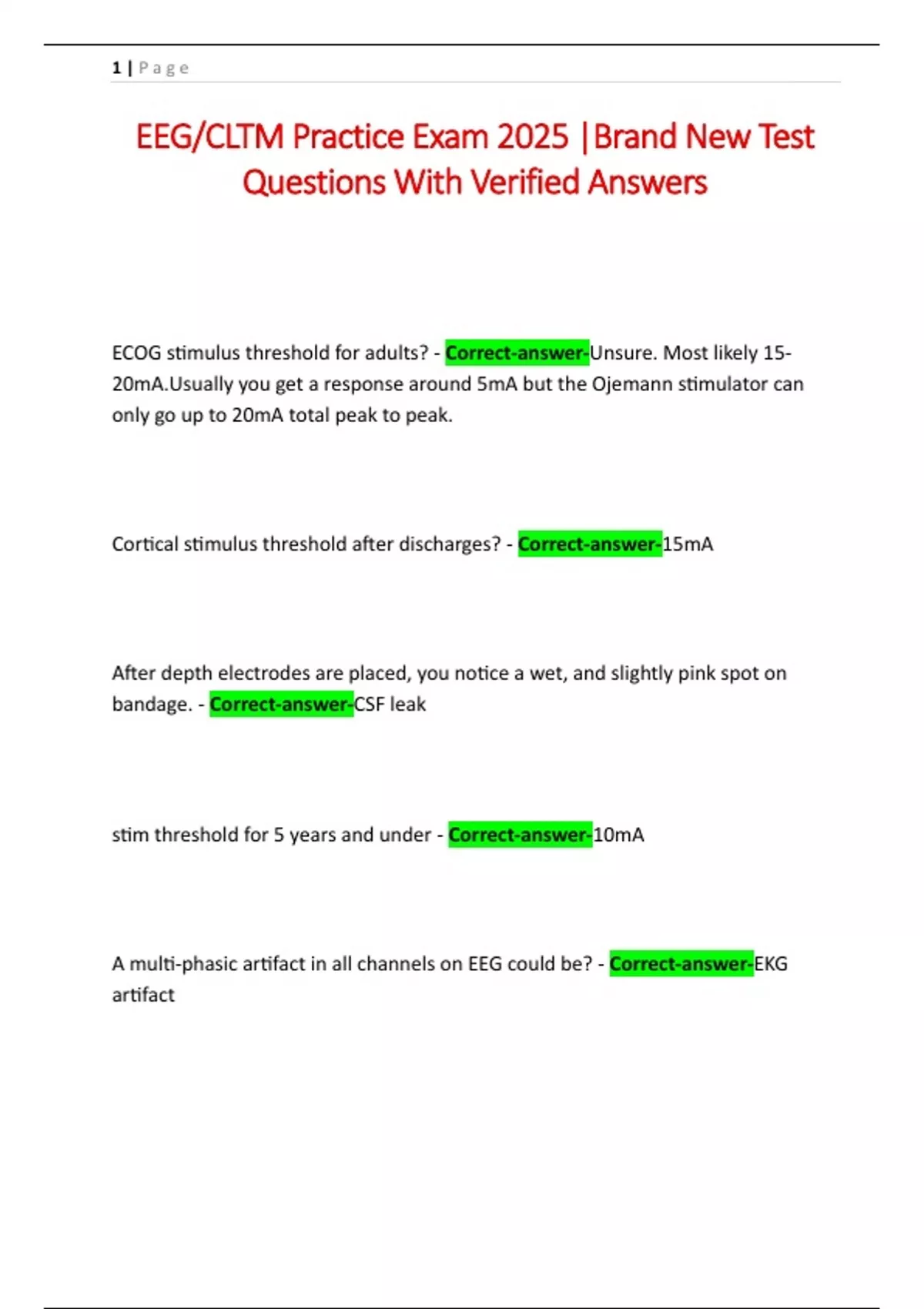 EEG/CLTM Practice Exam 2025 |Brand New Test Questions With Verified ...