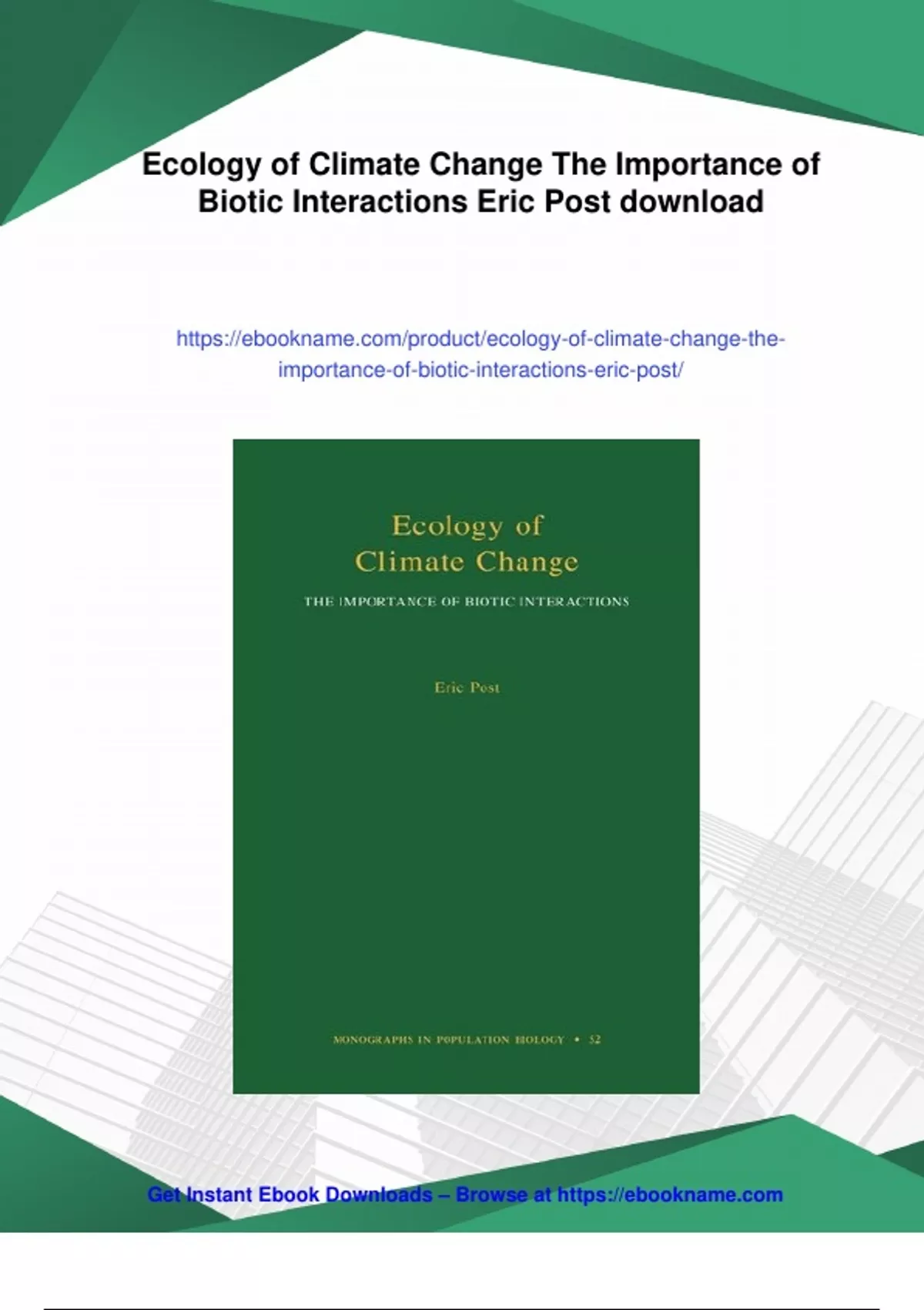 Summary Ecology of Climate Change The Importance of Biotic Interactions ...