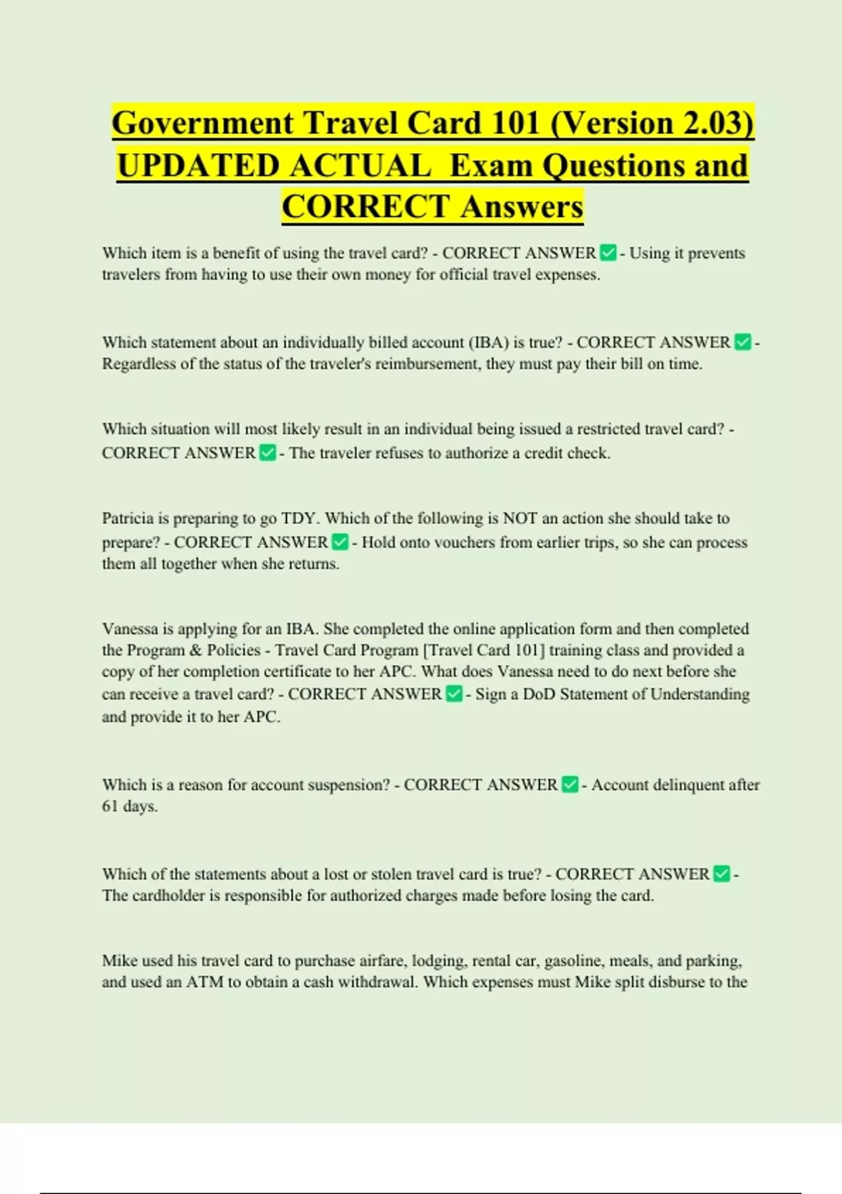 Government Travel Card 101 (Version 2.03) UPDATED ACTUAL Exam Questions ...