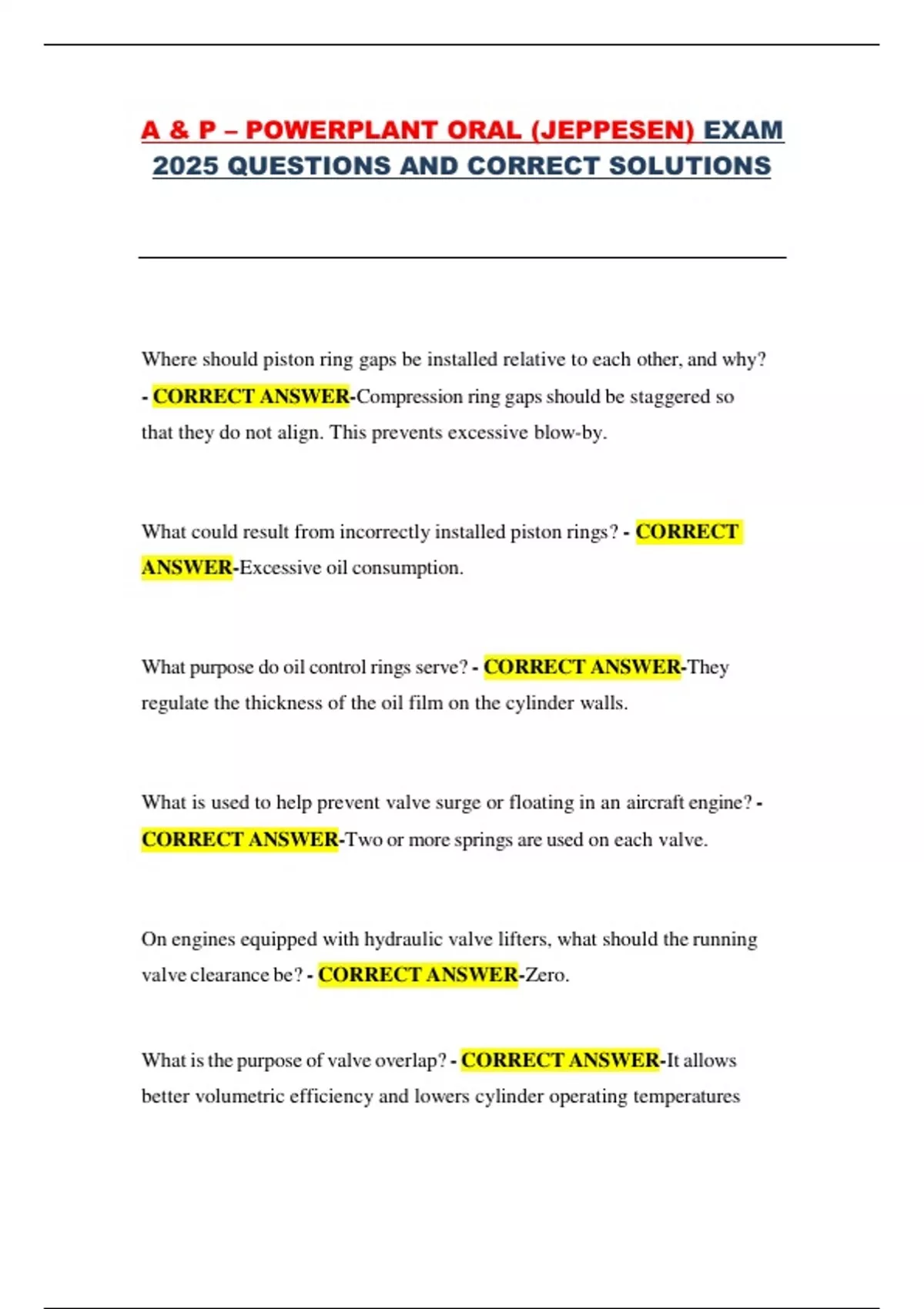 A & P – Powerplant Oral (Jeppesen) Exam 2025 – Complete Question Bank with Correct Solutions - A ...